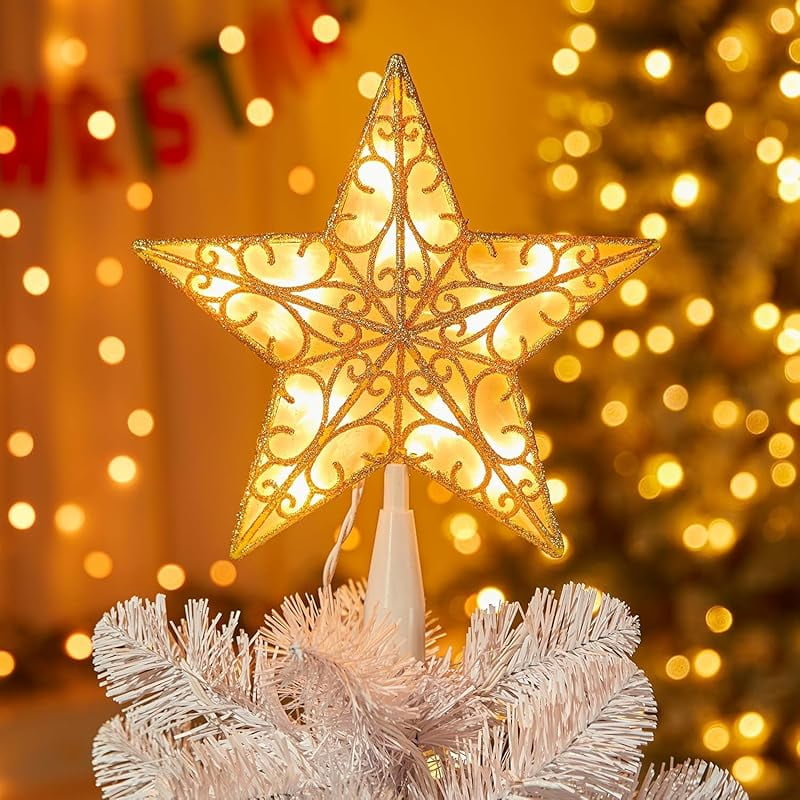 Christmas Star Tree Topper, 9.5 in Plug in Golden Glittered 3D Star ...