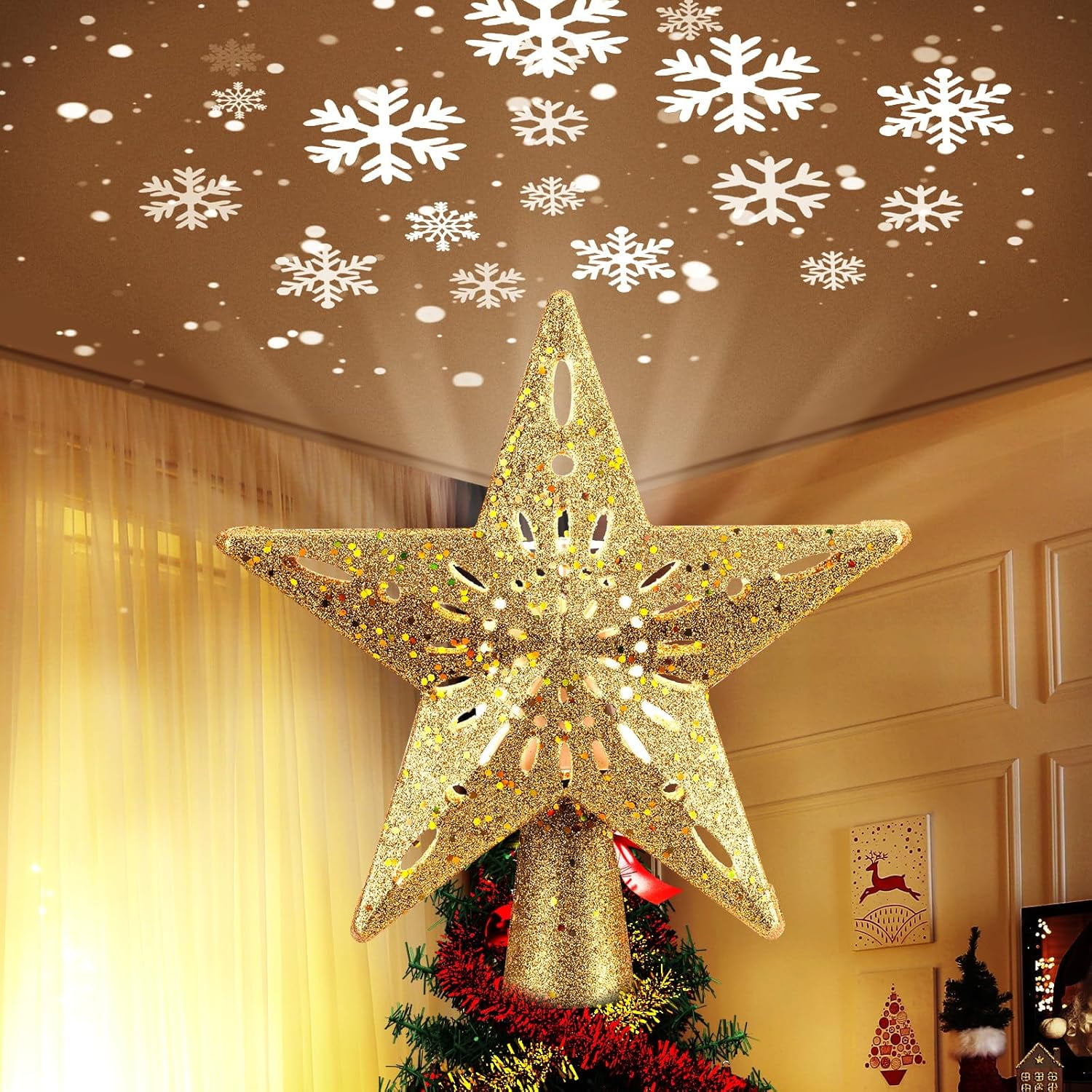 Christmas Star Tree Topper with Built-in Led Snowflake Projector Lights ...