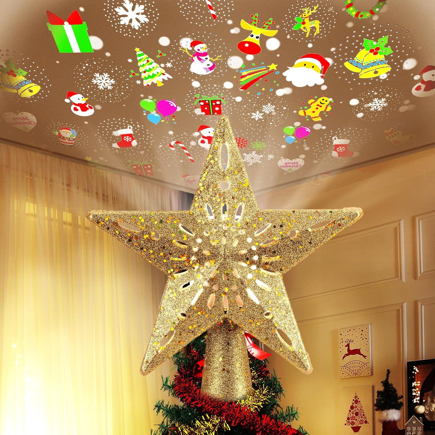 Christmas Star Tree Topper with Built-in Led Snowflake Projector Lights ...