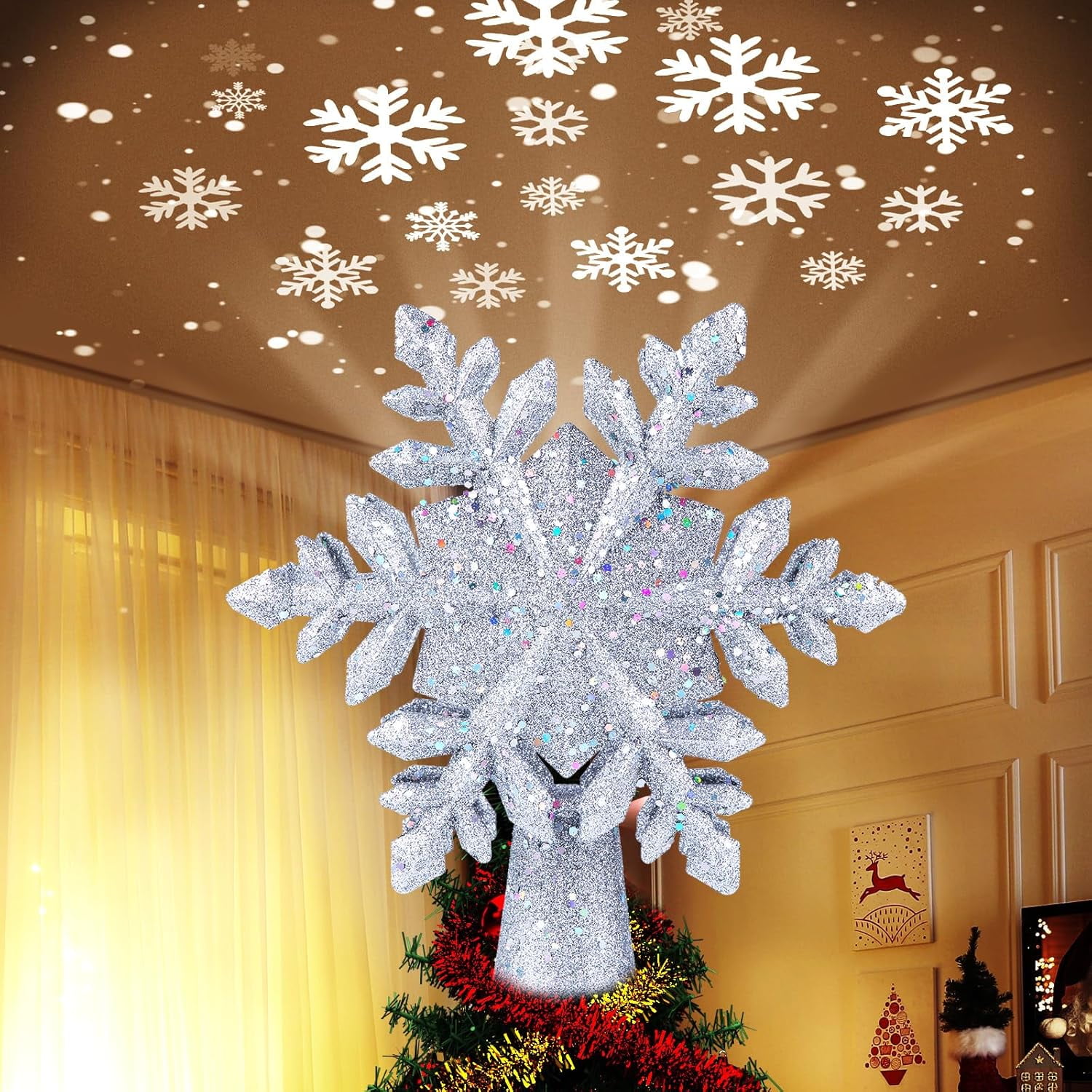 Christmas Star Tree Topper with Built-in Led Snowflake Projector Lights ...
