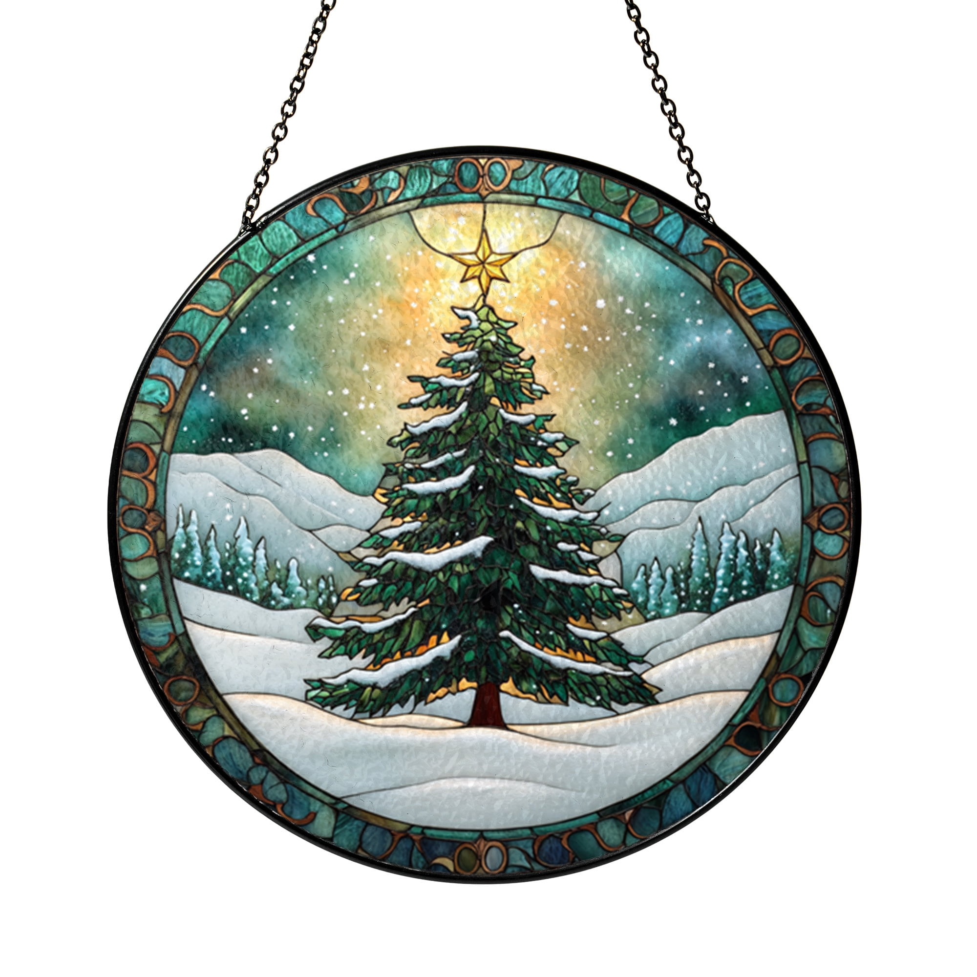 Christmas Star and Winter Tree Stained Glass Suncatcher, Holiday Window ...