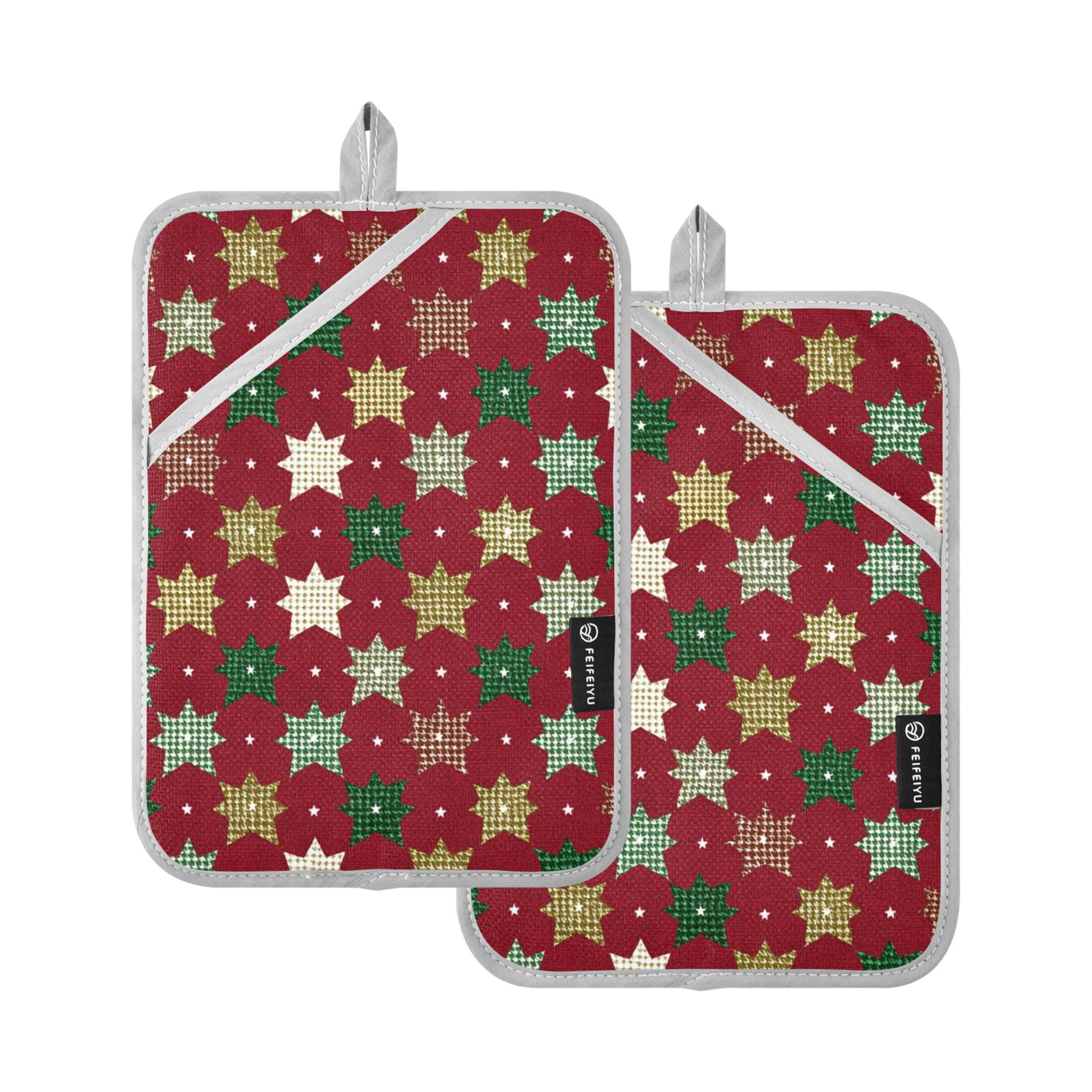 Christmas Stars on Red Background Pot Holder Heat Resistant Mat Oven ...