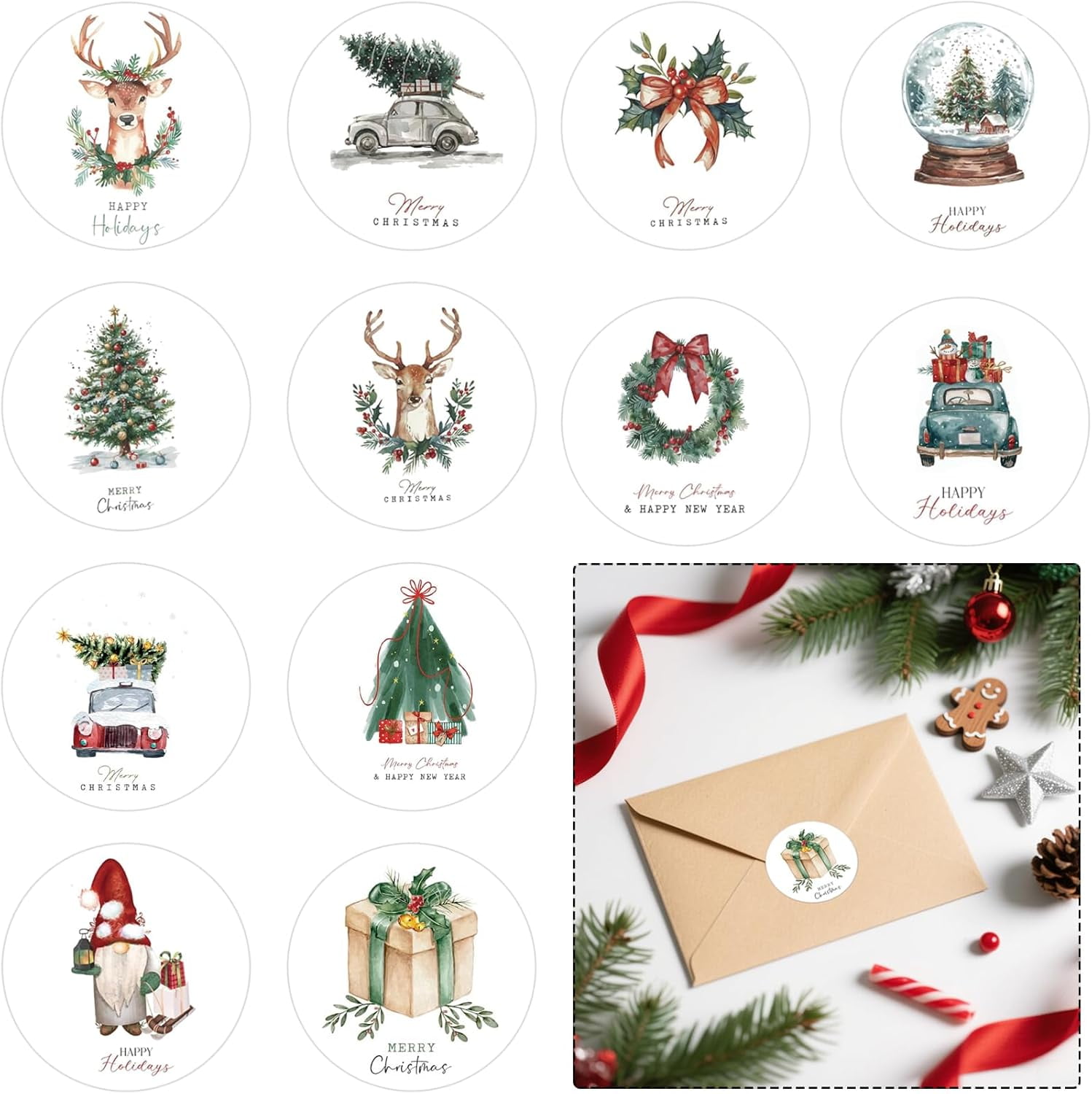 Christmas Stickers for Cards Crafts Envelope Seals 2 Inch 12 Designs ...