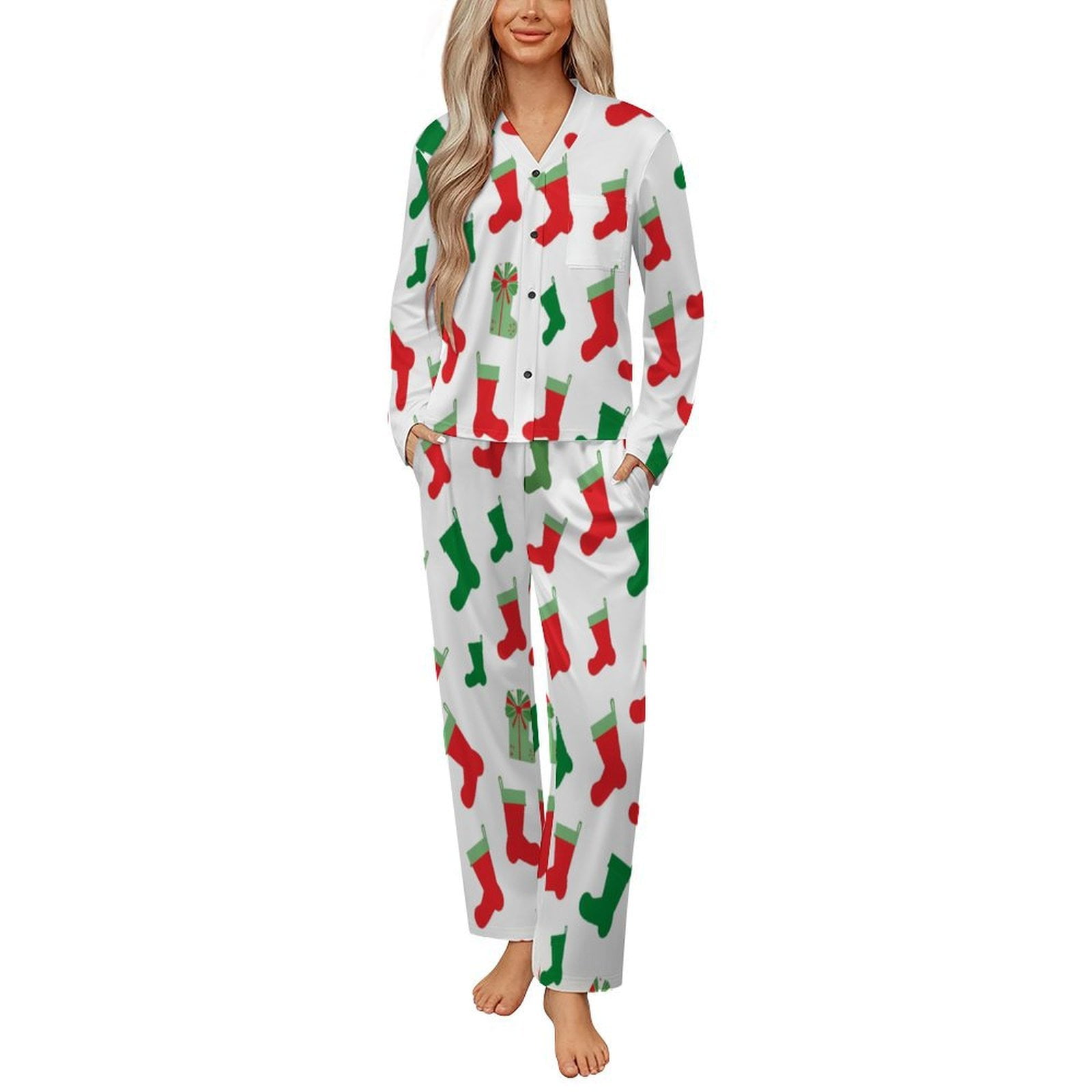 Christmas Stocking Pattern Background Womens Pyjamas Set Button Up ...