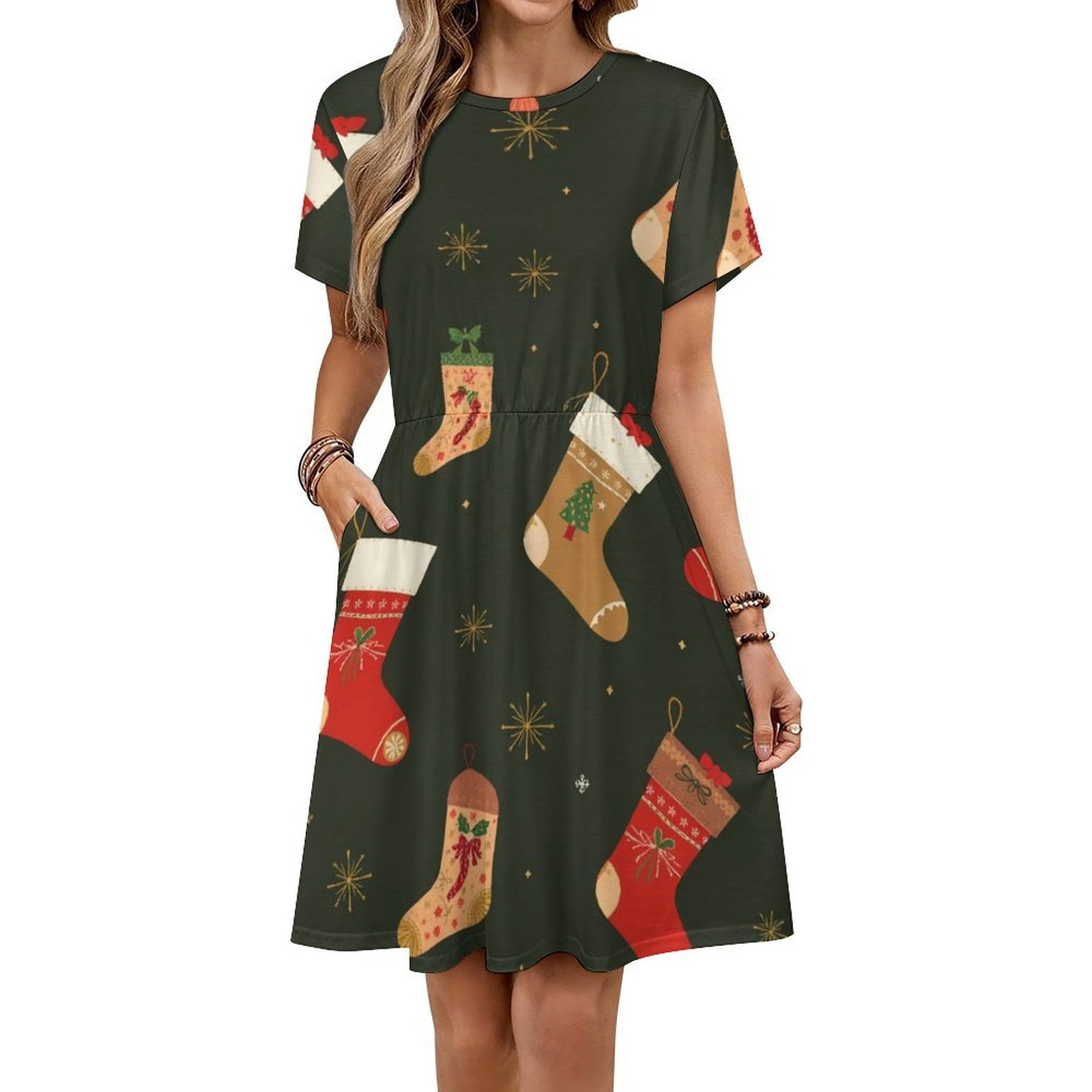 Christmas Stocking Pattern Short Sleeve Dress Summer Women Clothes ...