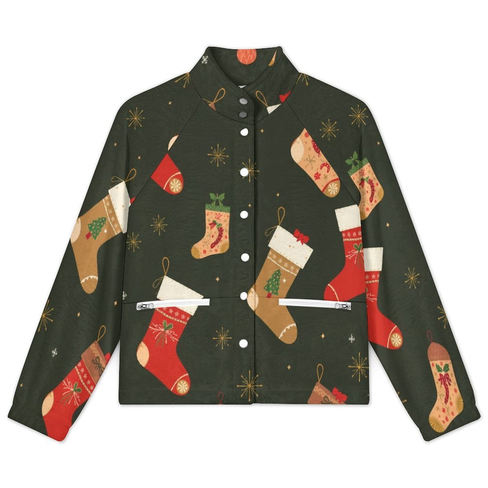 Christmas Stocking Pattern Warm Women's Plush Jacket Stand Collar Full ...