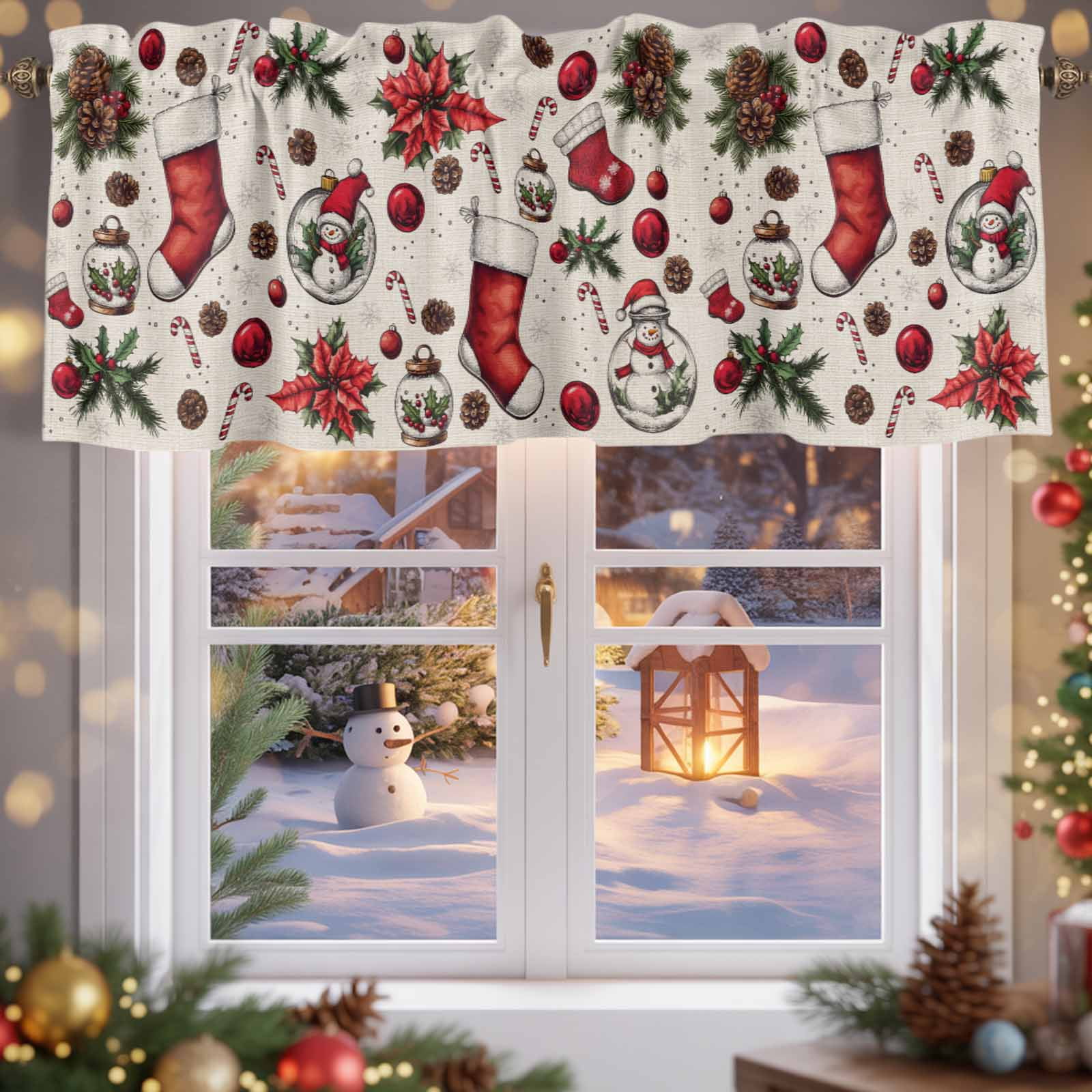 Christmas Stocking Snowman Holly Valances for Windows,Kitchen Valance ...
