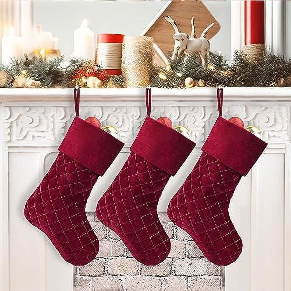 Christmas Stockings 3 Pack Red Velvet Christmas Stockings with Quilted ...