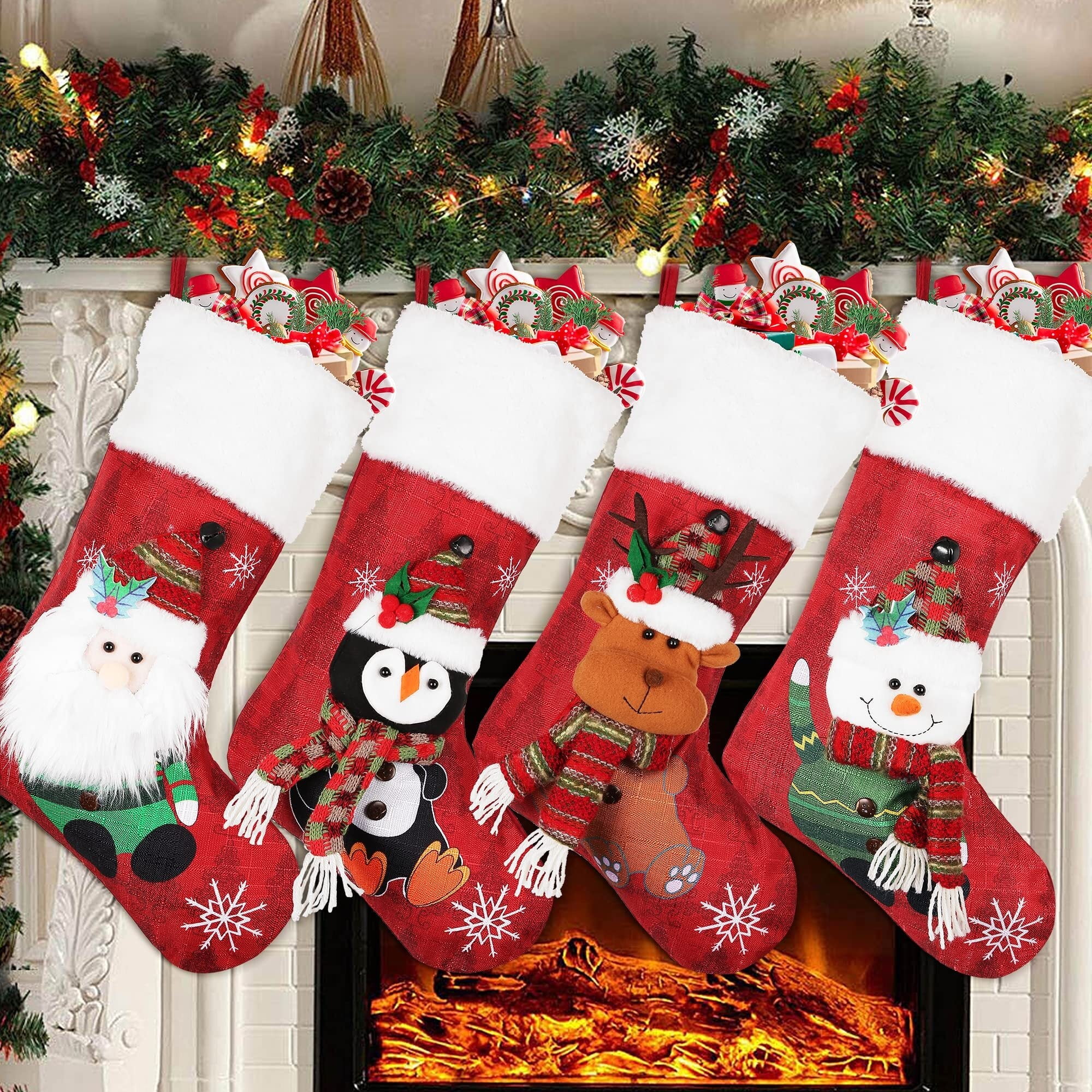 Christmas Stockings 4 Pack, 19'' Xmas Stockings with Snowflake Santa ...