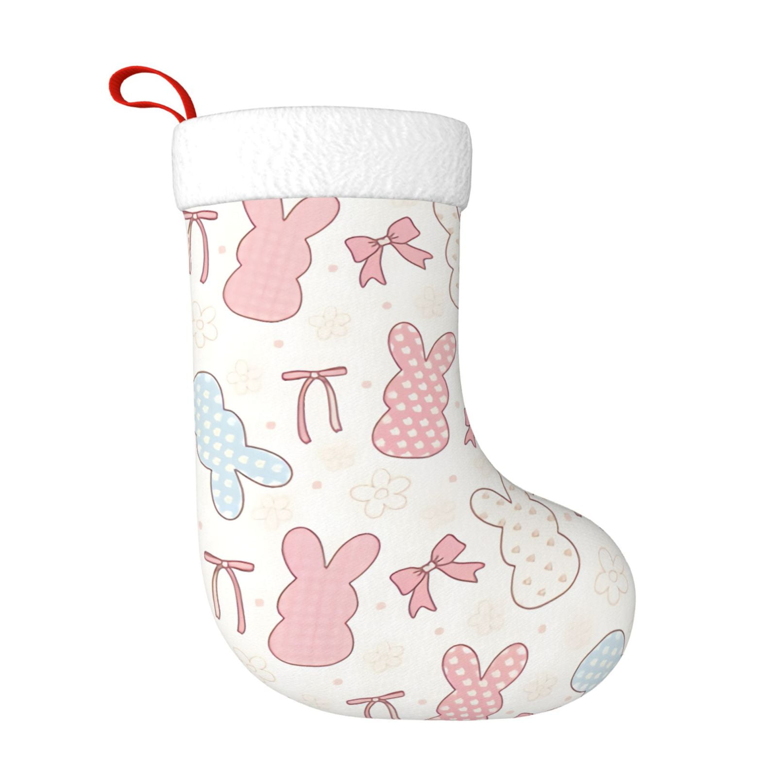 Christmas Stockings Bunny Peep Pattern With Ribbon Bow Large Hanging Xmas Sock Gift Bag Classic ...