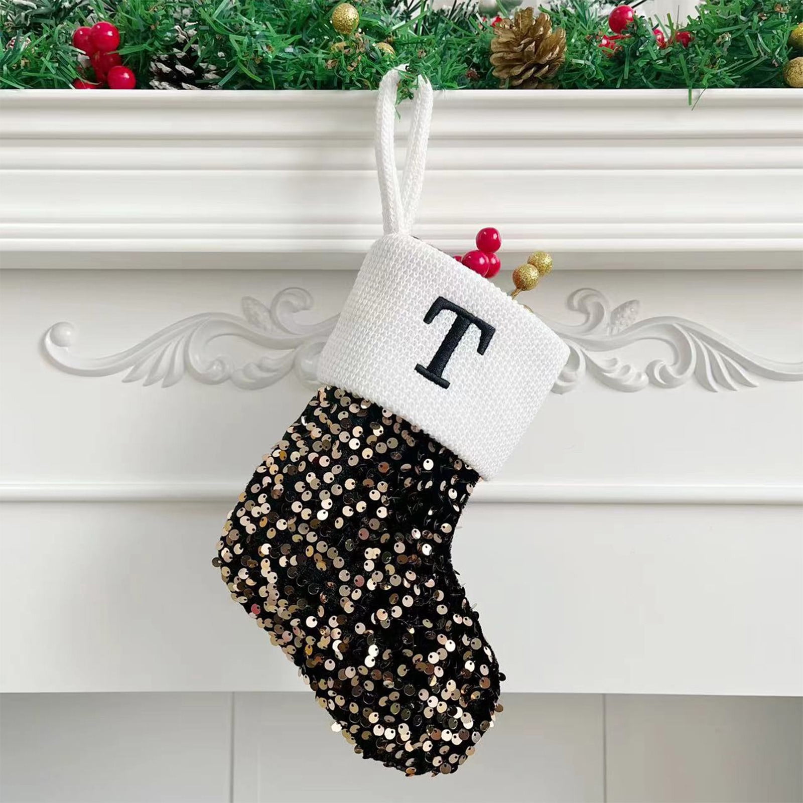 Christmas Stockings Cameland Large Embroidered Letter Knit Black Gold ...