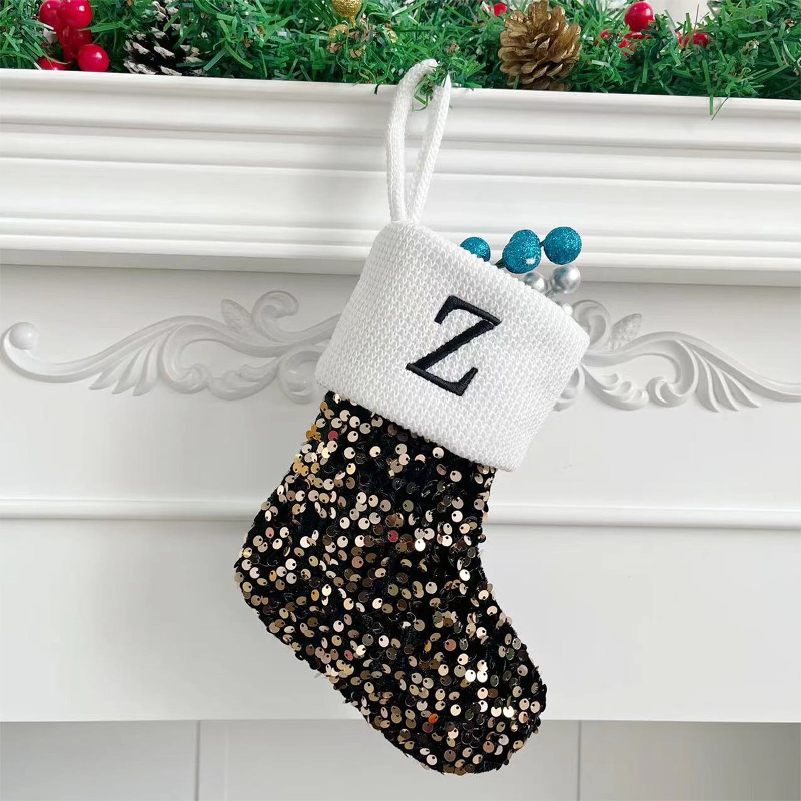 Christmas Stockings Cameland Large Embroidered Letter Knit Black Gold ...