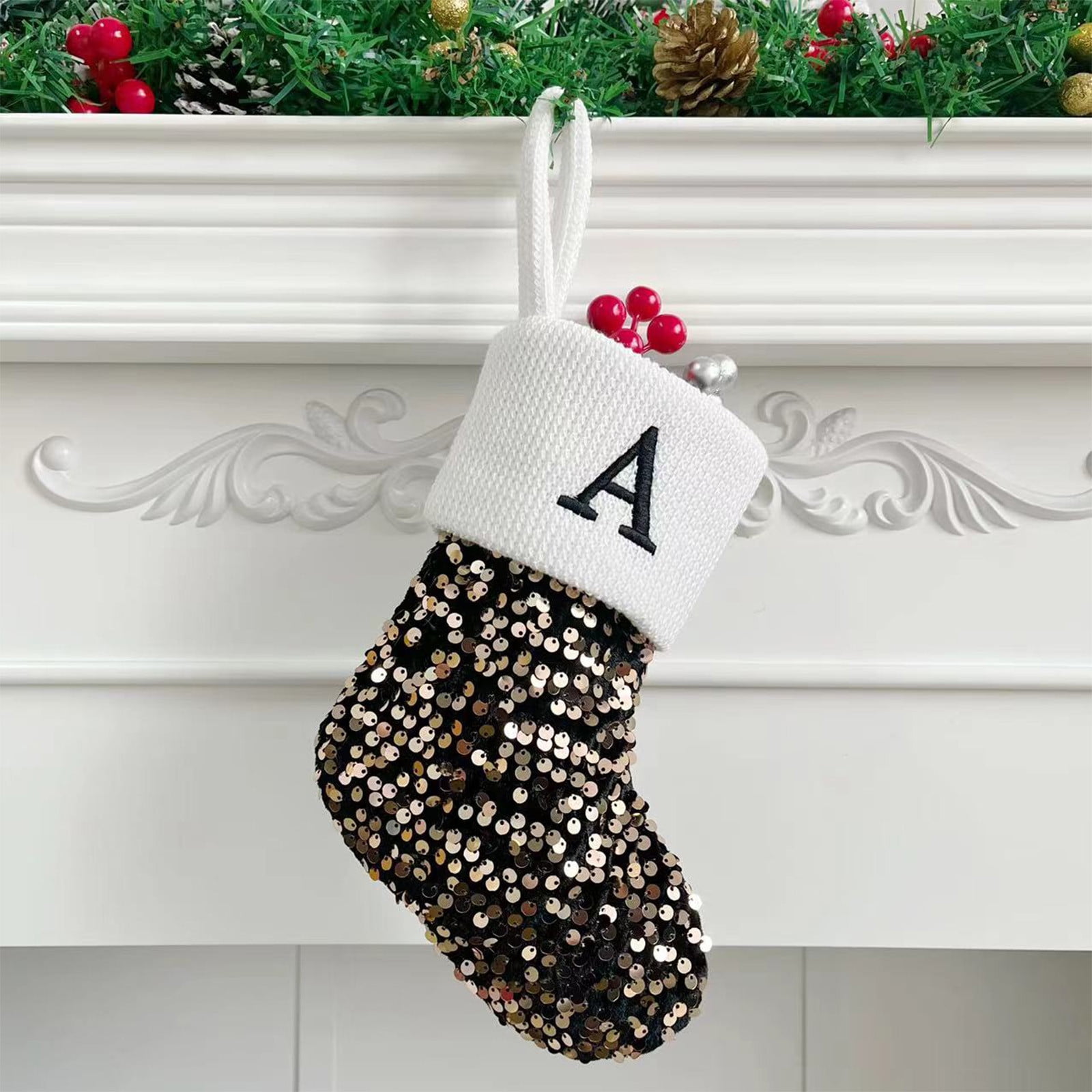 Christmas Stockings Cameland Large Embroidered Letter Knit Black Gold ...