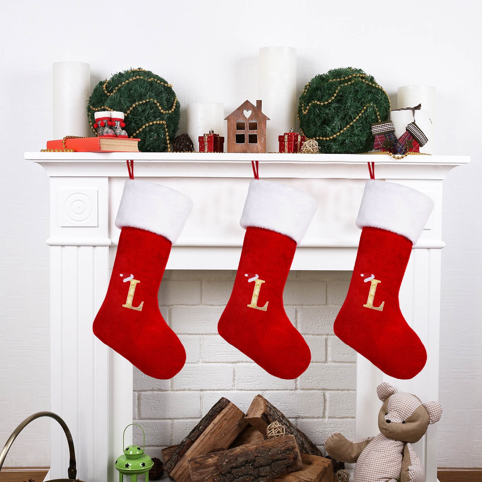 Christmas Stockings with Initial,Red Velvet with White Super Soft Plush ...