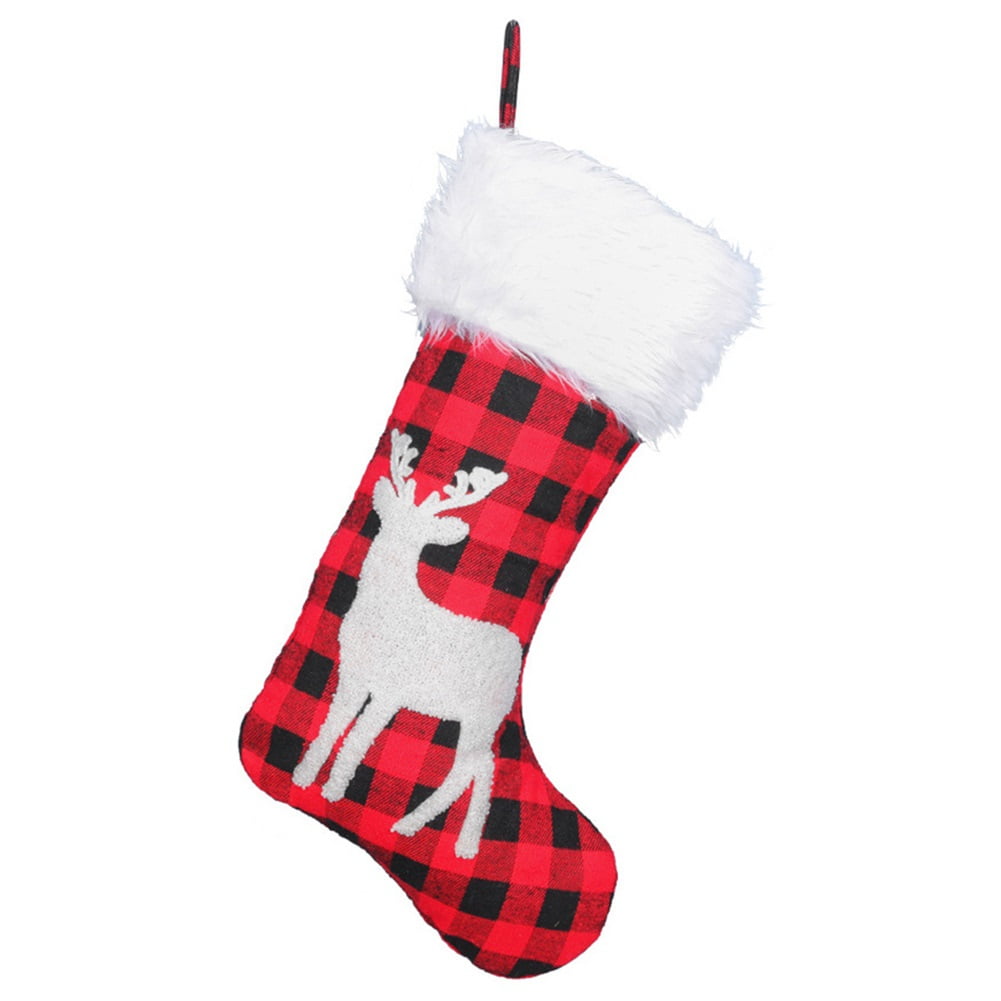 Christmas Stockings Plush Plaid Fabric Xmas Stockings Candy Apple Gift ...