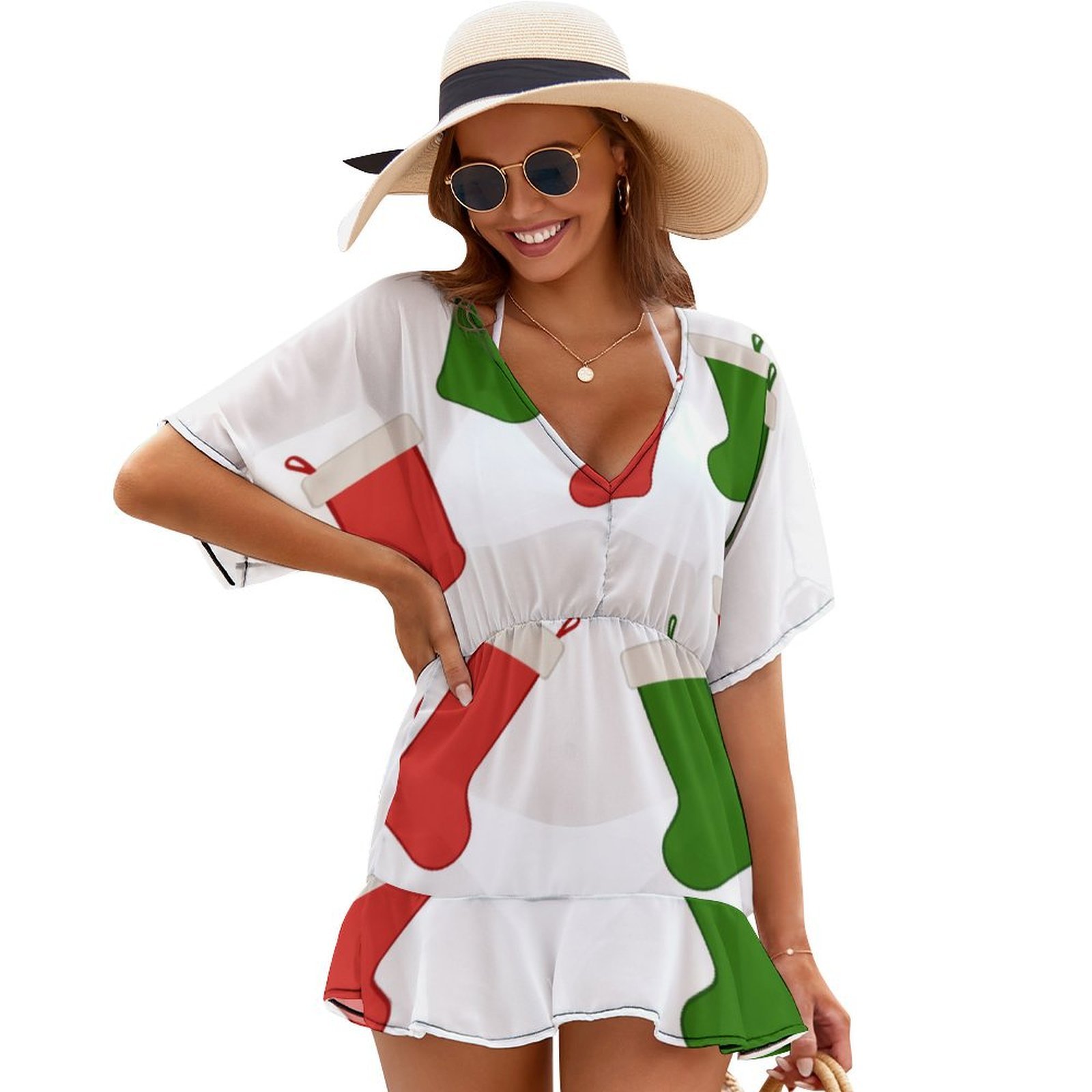 Christmas Stockings Red And Green Beach Cover Ups Women V Neck Short ...