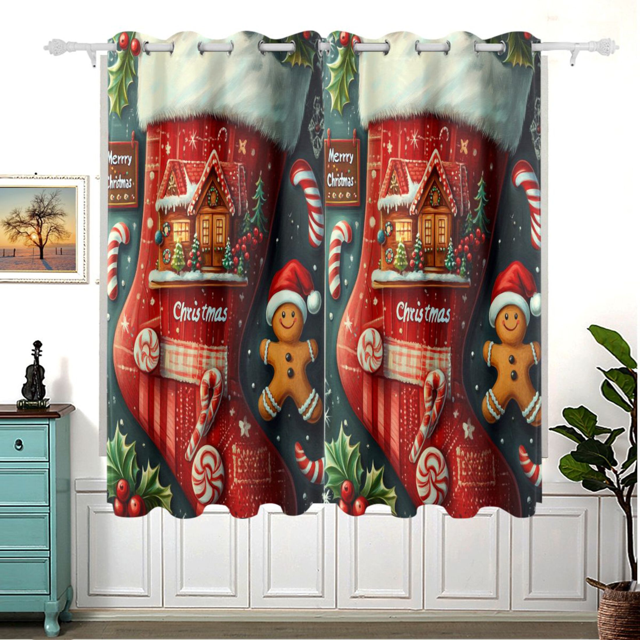 Christmas Stockings and Gingerbread Man Blackout Curtains for Living ...