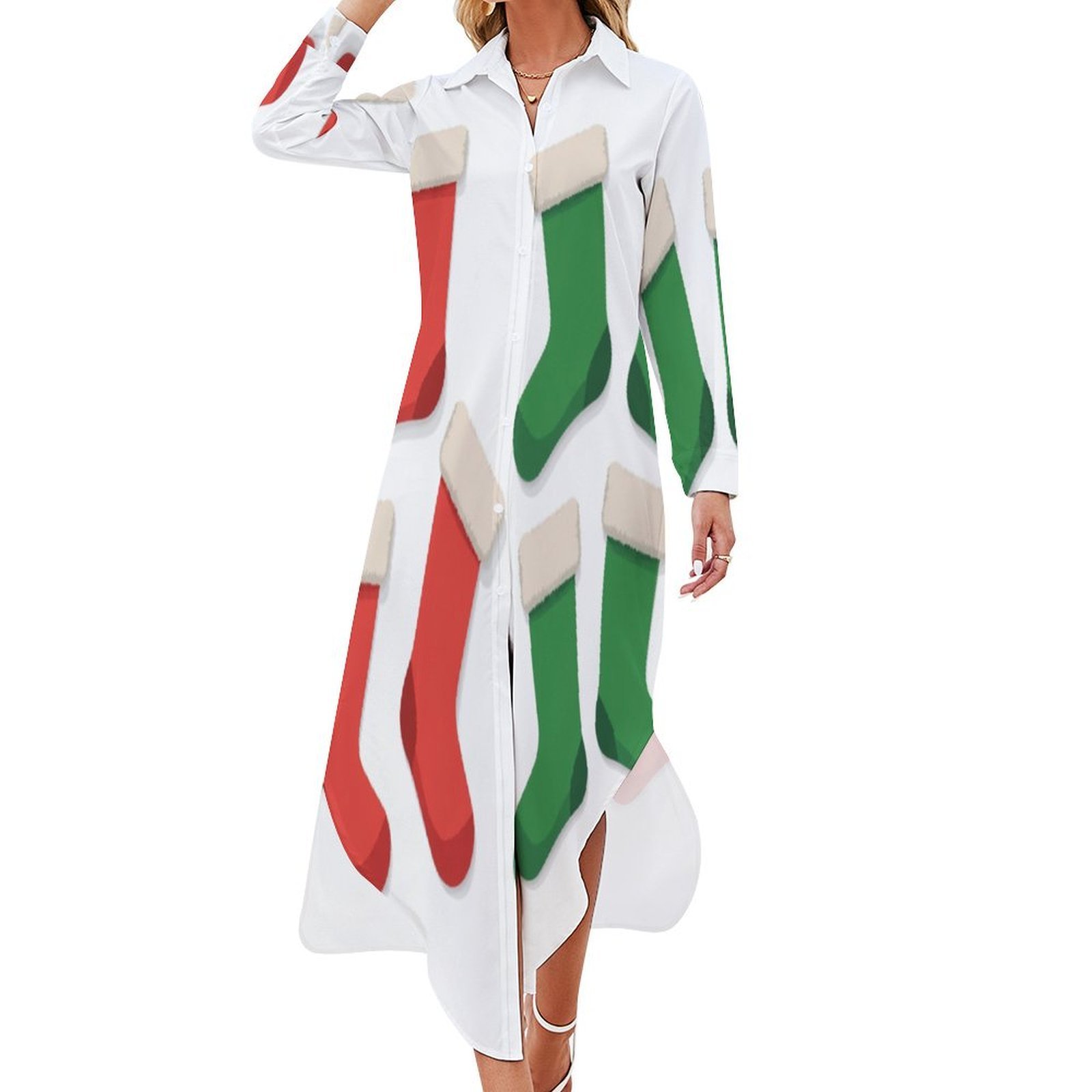 Christmas Stockings in Red Green Shirt Dress Long Sleeve Street Fashion ...
