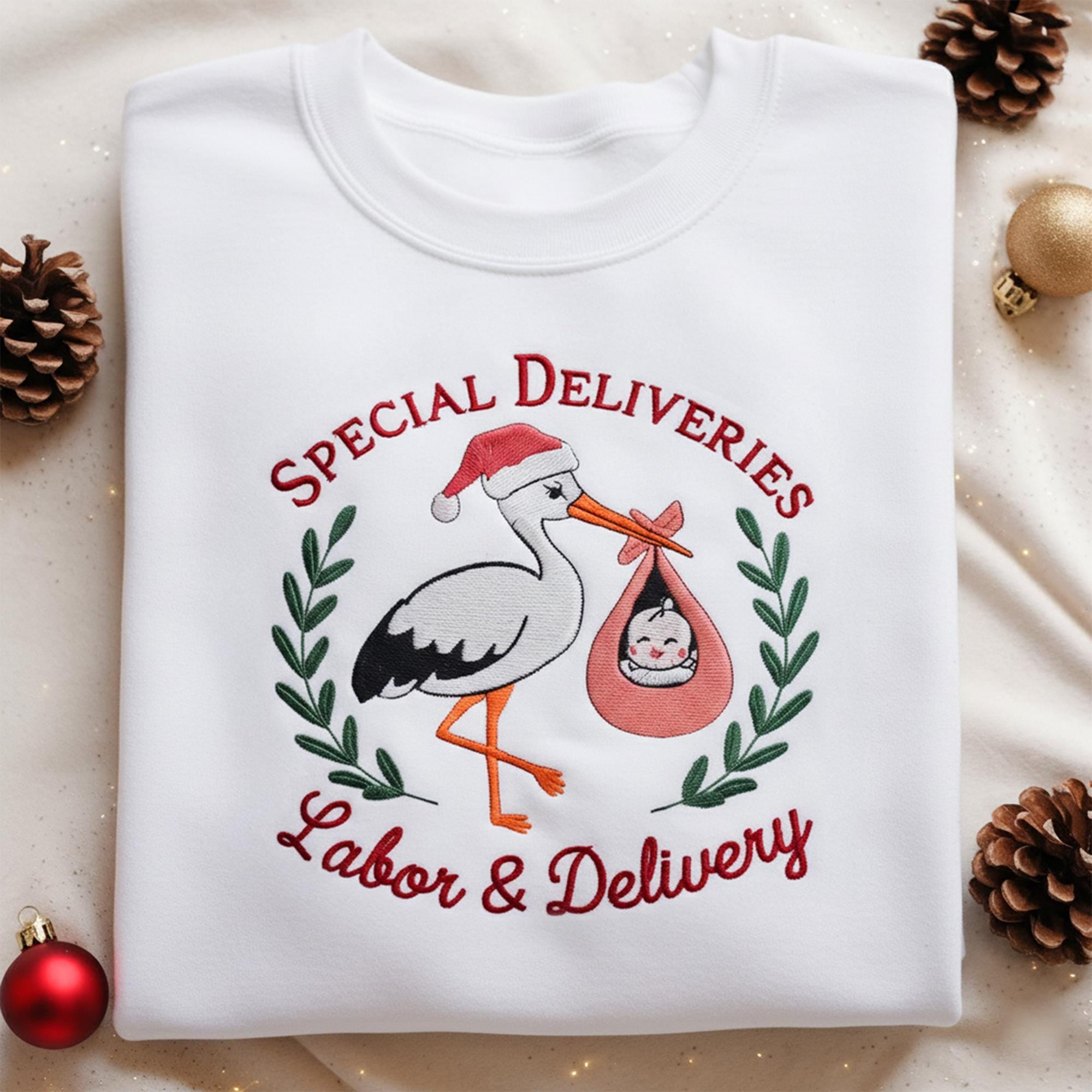 Christmas Stork Embroidered Sweatshirt, Labor & Delivery Nurse Sweater ...