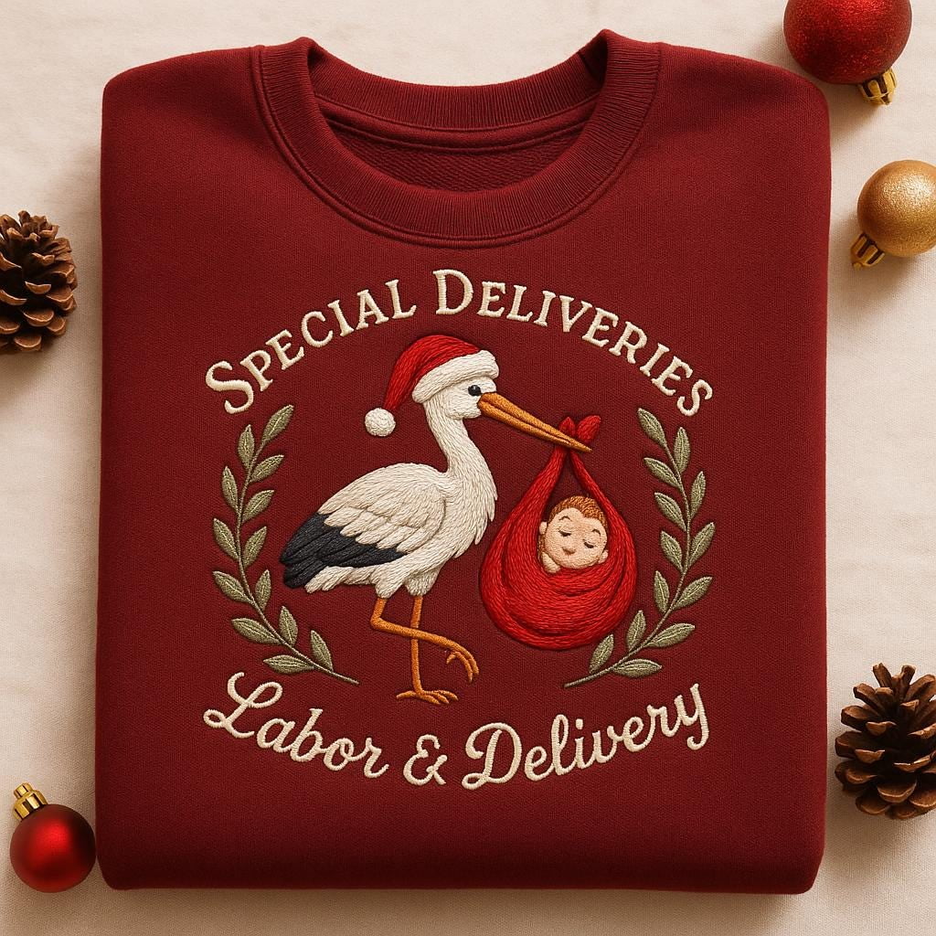 Christmas Stork Embroidered Sweatshirt, Labor & Delivery Nurse Sweater ...