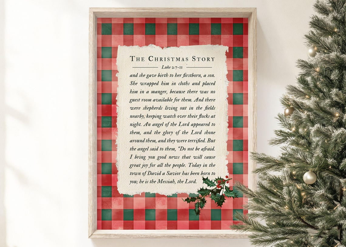 The Christmas Story Bible Verse Wall Art Printable, Luke 2:7-11 Vintage ...