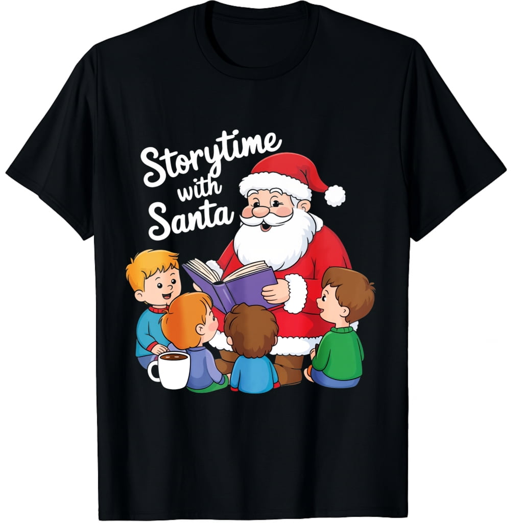 Christmas Storytime With Santa Kids T-Shirt Red Santa Claus Reading ...