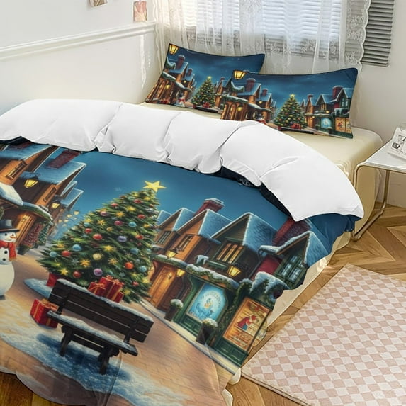 Christmas Street Scene Duvet Cover Pillowcase 3pcs Comforter Set Soft ...