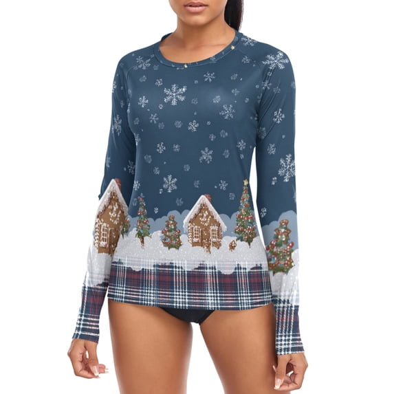 Christmas Streetscape Snow Plaids Women's Rash Guard Shirts UPF 50+ Sun ...