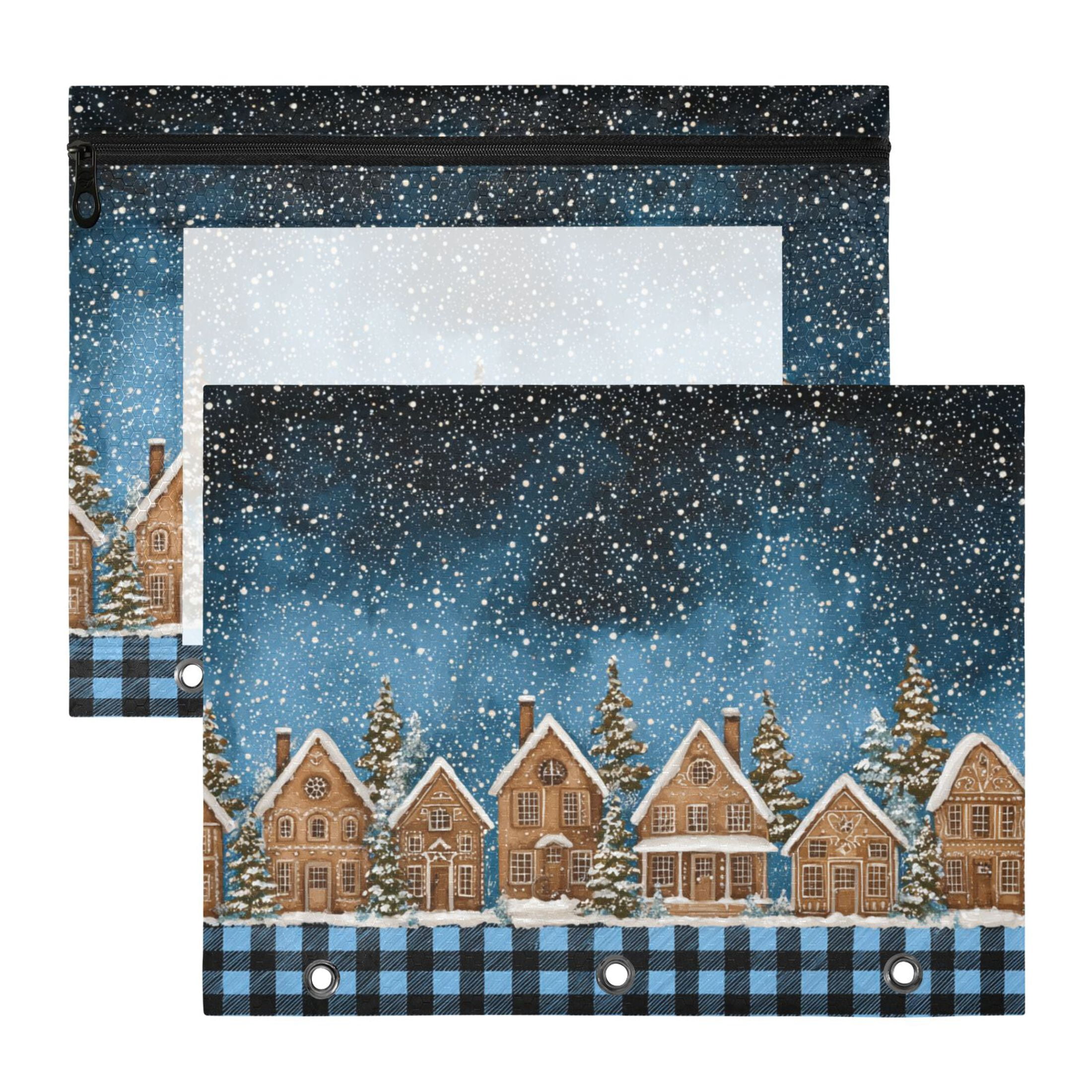 Christmas Streetscape at Night Blue Black Plaids 3-Ring Binder Pocket ...