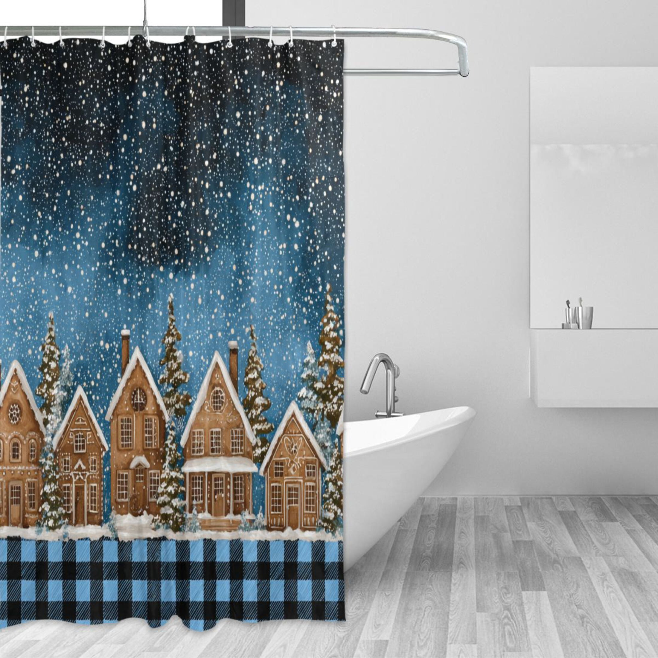 Christmas Streetscape at Night Blue Black Plaids Shower Curtains with ...
