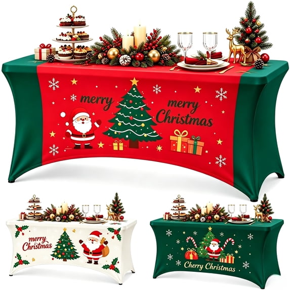 Christmas Stretch Fitted Table Cover, Polyester Rectangular Table Cover ...
