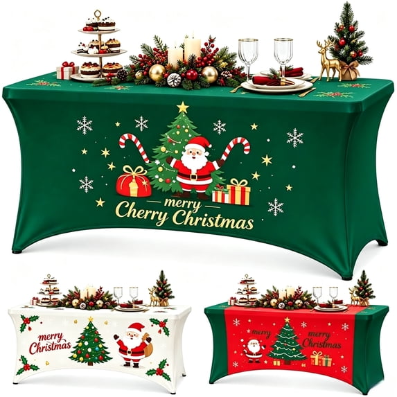 Christmas Stretch Fitted Table Cover, Polyester Rectangular Table Cover ...