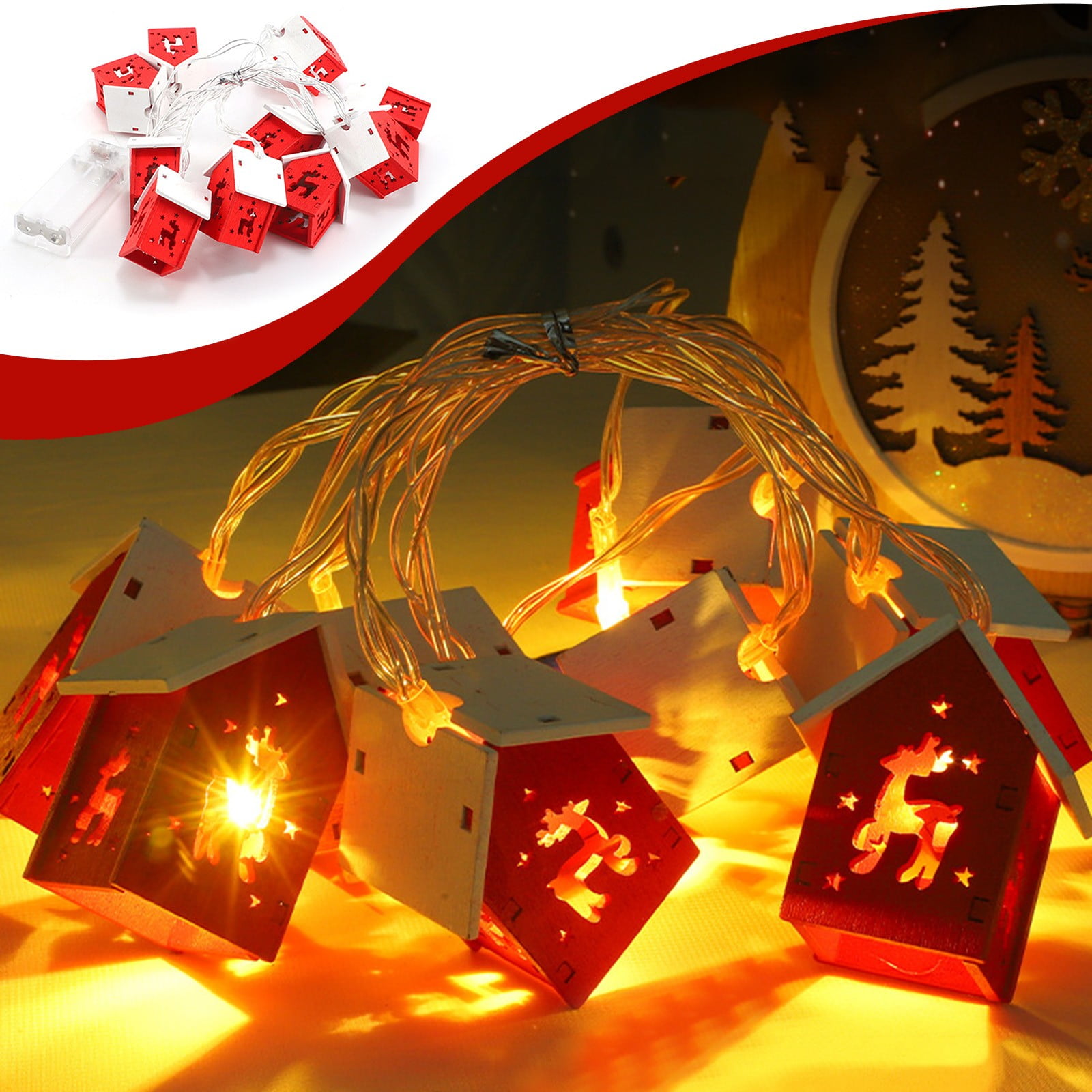 Christmas String Lights, Wooden Christmas Lights, 6.6 Ft Wooden House ...