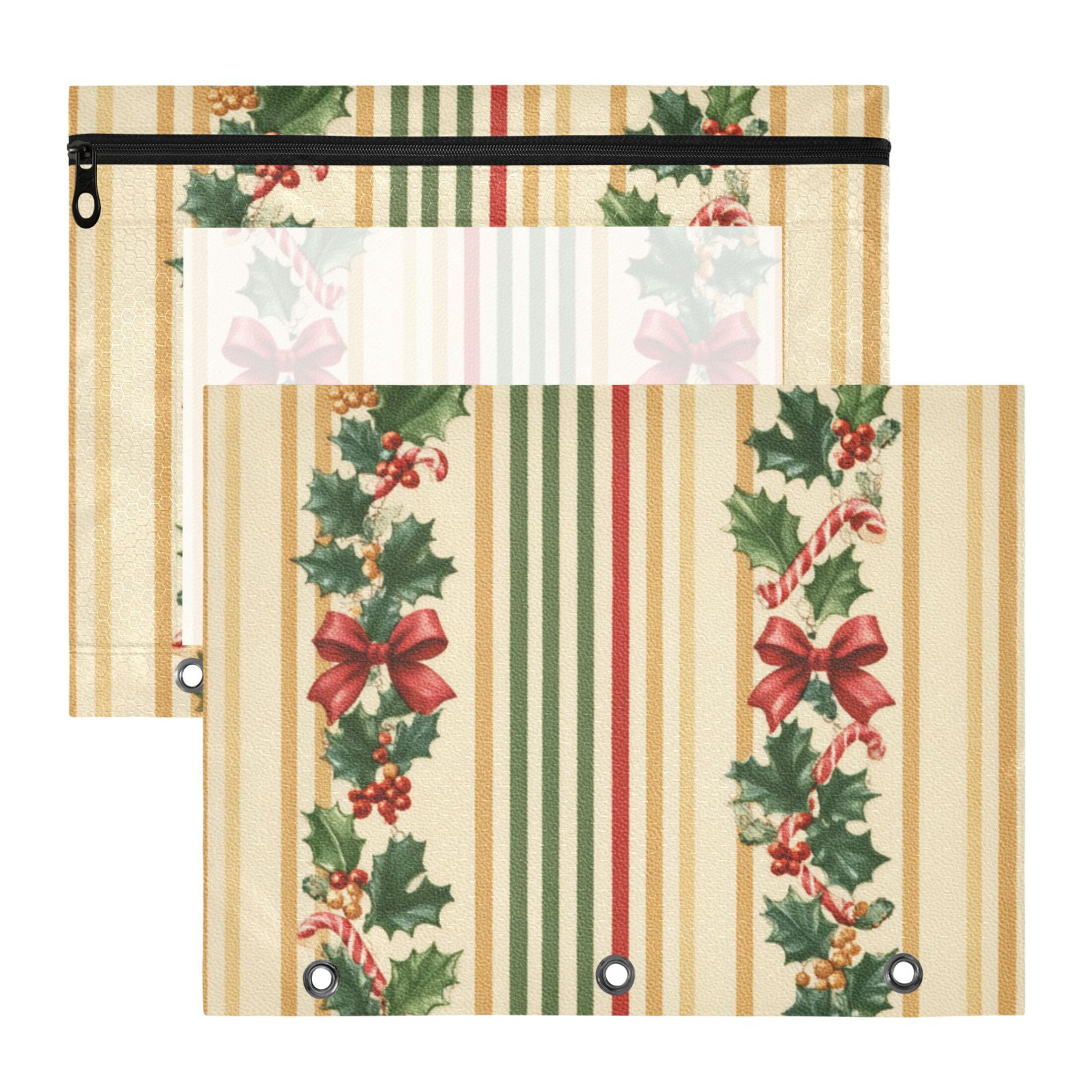 Christmas Stripes Holly Leaves Bows 3-Ring Binder Pocket with Zipper ...