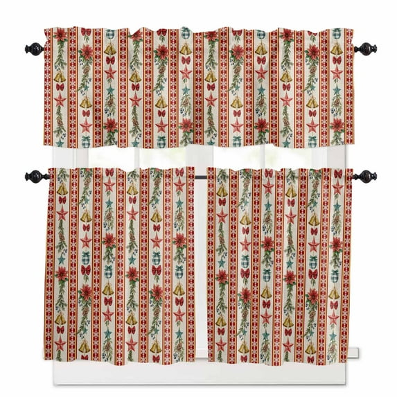 Christmas Stripes Kitchen Curtains Valances and Tiers Set of 3 Bell Flower Stars Snowflakes ...