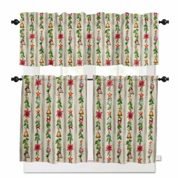 Christmas Stripes Kitchen Curtains Valances and Tiers Set of 3 Bell ...