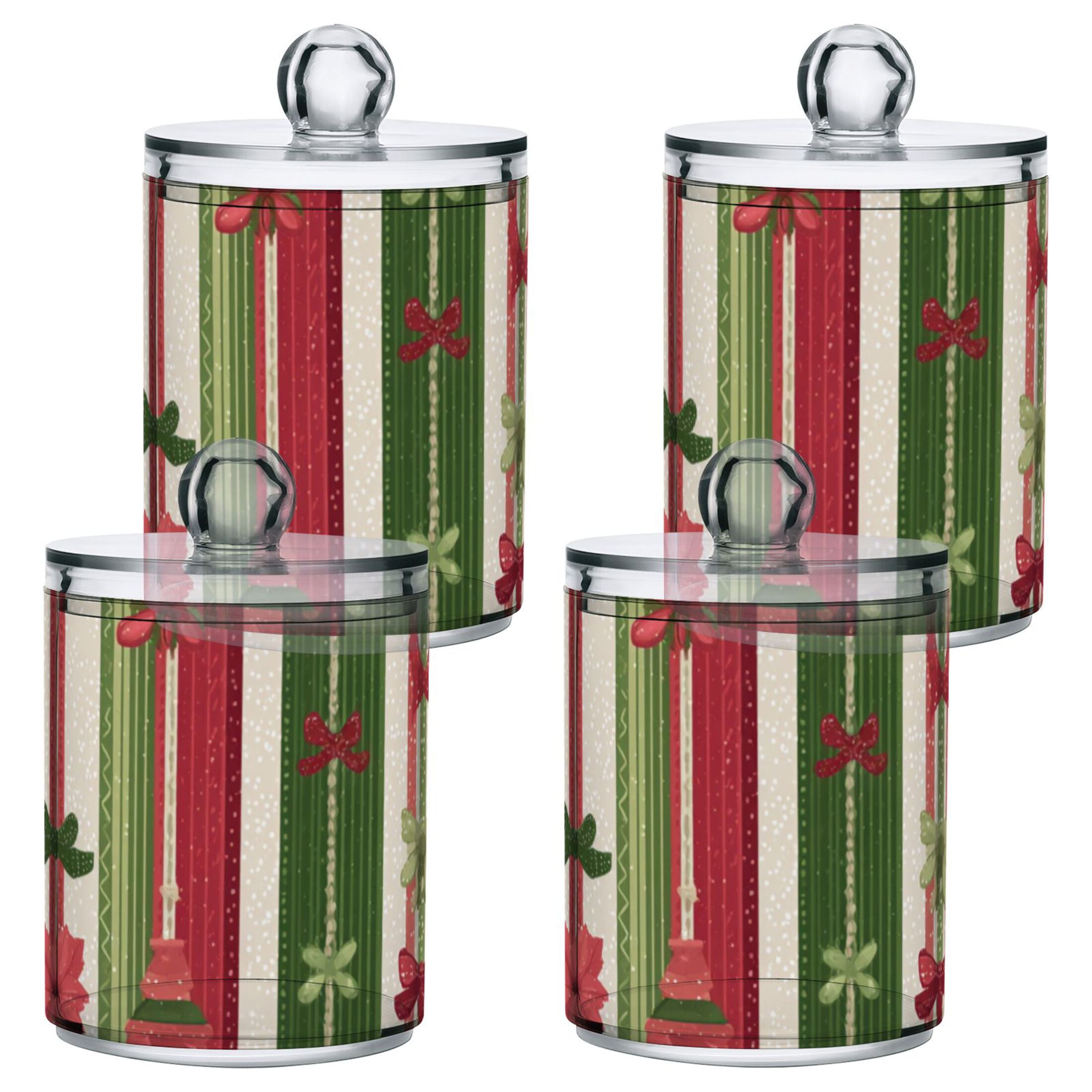 Christmas Stripes with Bulb Bows Trees Translucent Plastic Cans Storage ...