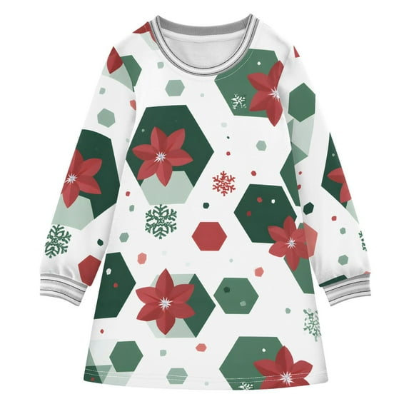 Christmas Style Geometric Red Flower Girls'long-sleeved dress Thickened ...