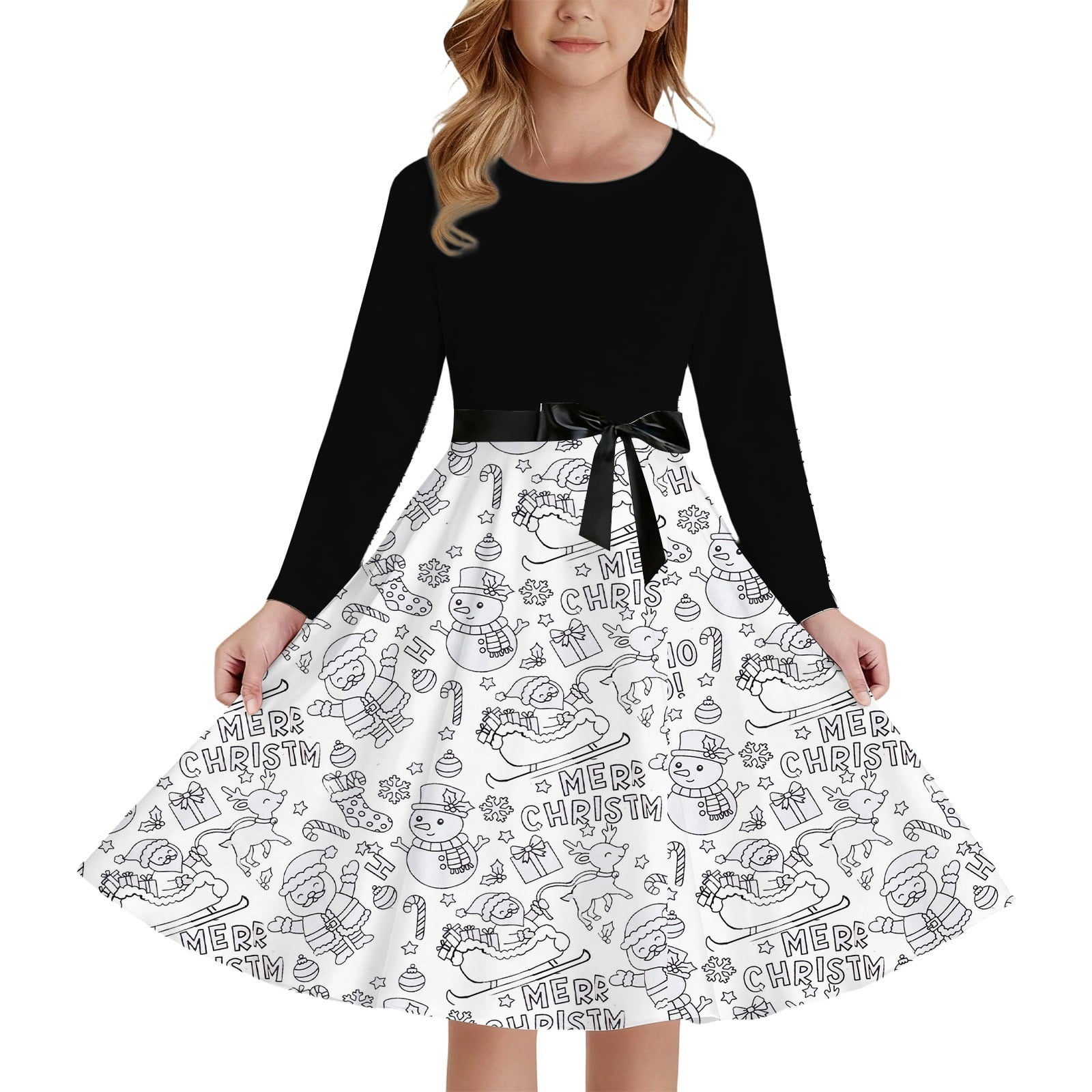 Christmas Style Girls Print Party Dress With Lace Up Front Long Sleeves Back Elastic Zipper ...