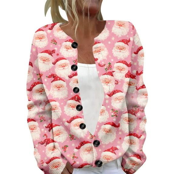 Christmas Stylish Casual Print Cardigan Button Down Open Front Knit ...