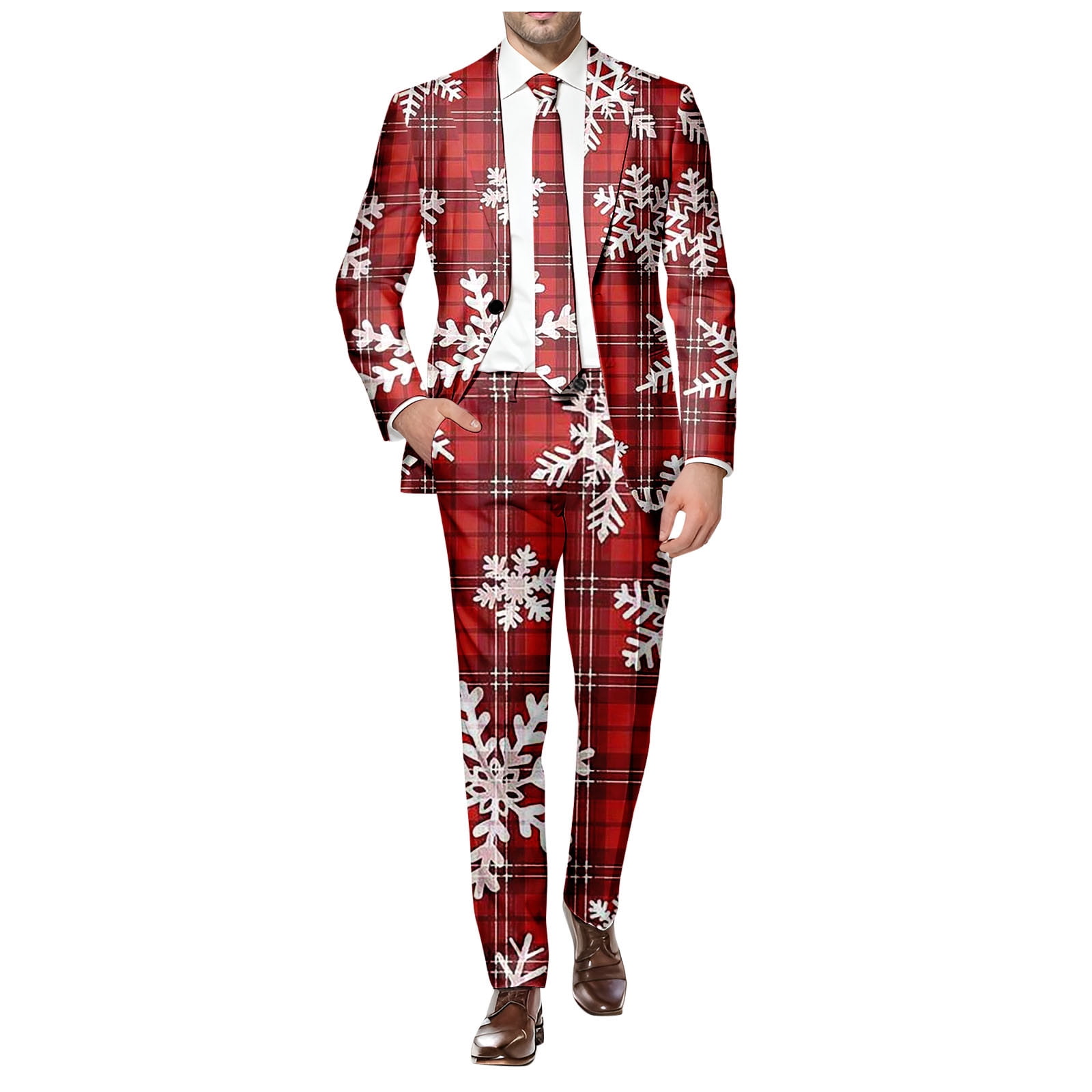 Christmas Suit for Men 2 Piece One Button Xmas Snowflake Plaid Jacket ...