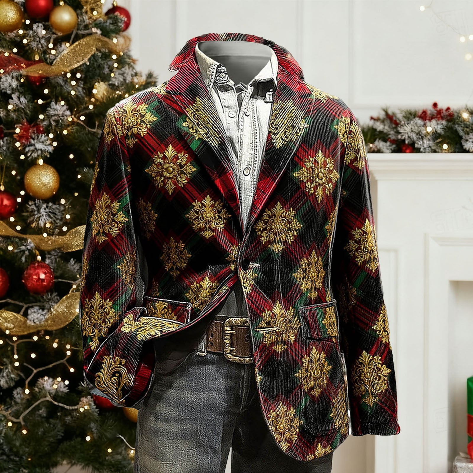Christmas Suit for Men Ugly Xmas Printed Blazer Holiday Corduroy Jacket ...