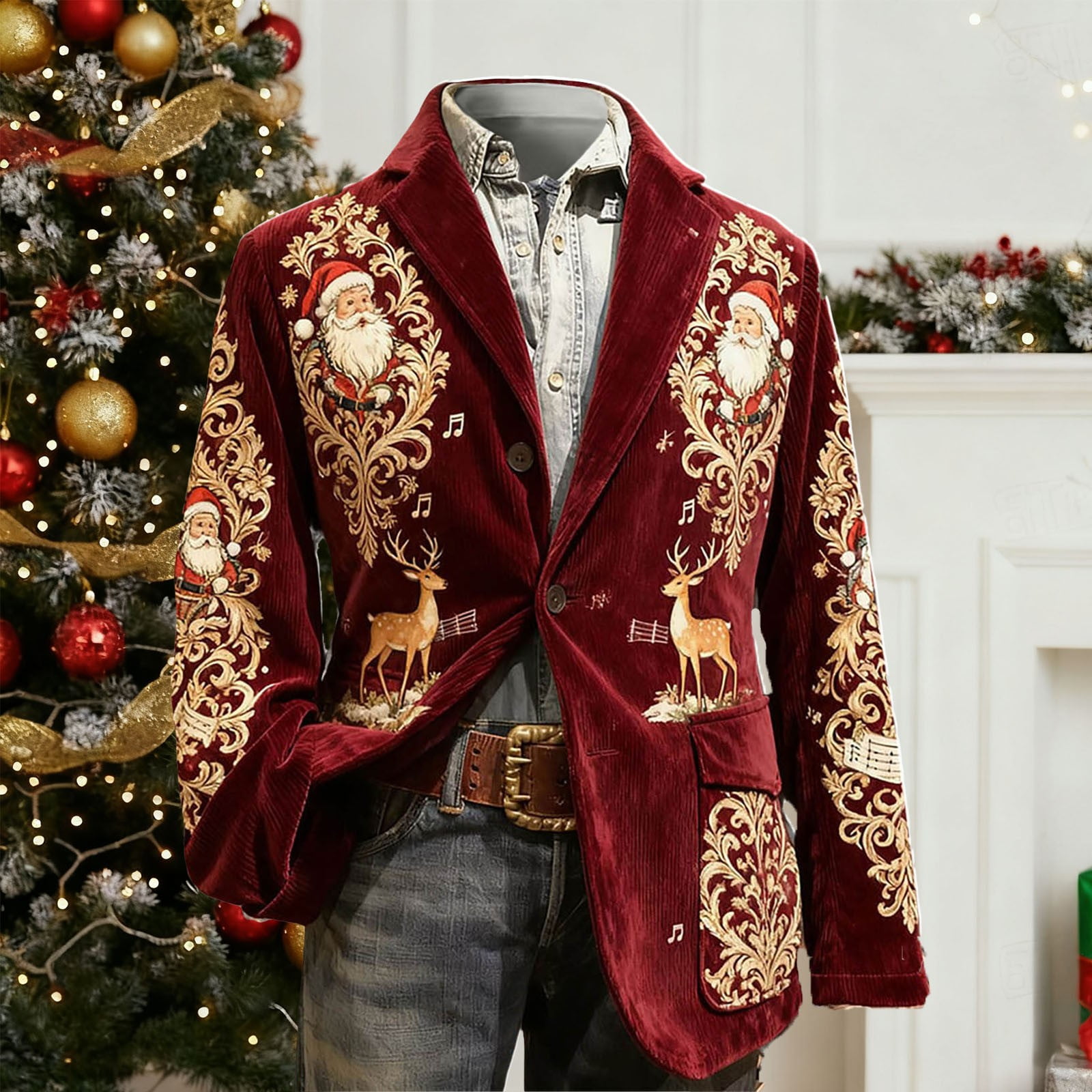 Christmas Suit for Men Ugly Xmas Printed Blazer Holiday Corduroy Jacket ...
