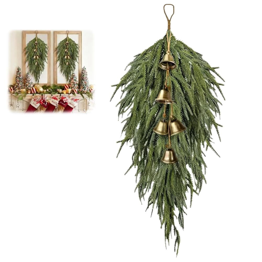 Christmas Swag with Brass Bell Norfolk Pine Teardrop Swag, 23.6 Inch Artificial Christmas ...