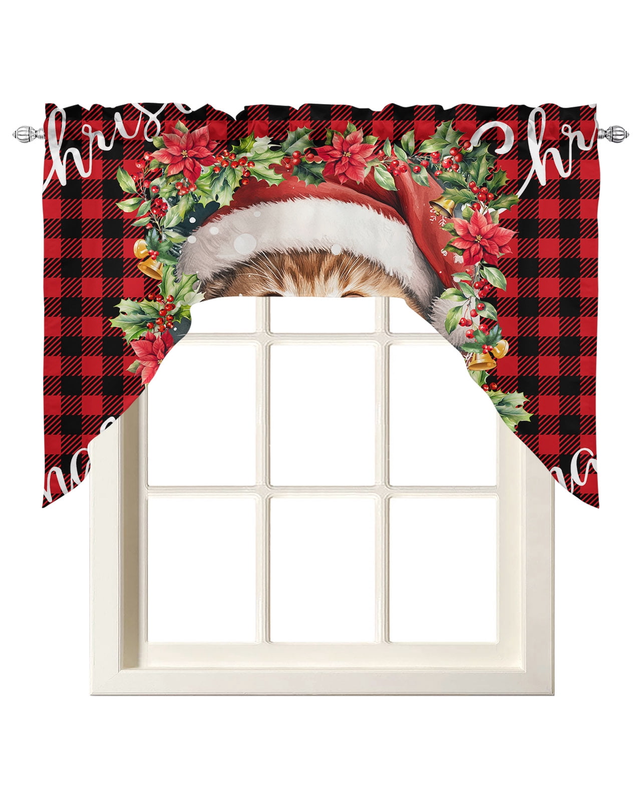 Christmas Swag Curtains for Kitchen Checkered Cat Red Poinsettia Pine ...
