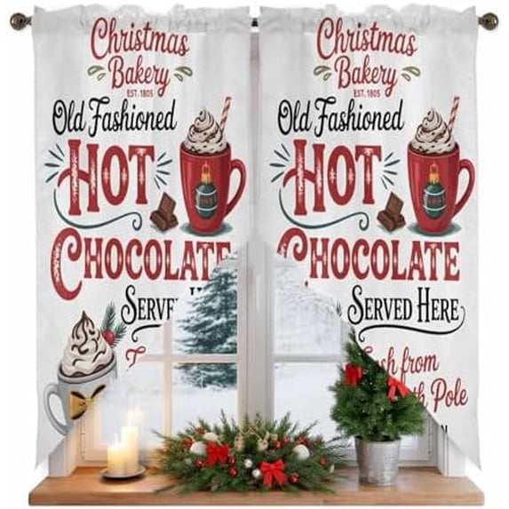 Christmas Swag Valance Hot Cocoa Rod Pocket Kitchen Curtains Winter ...