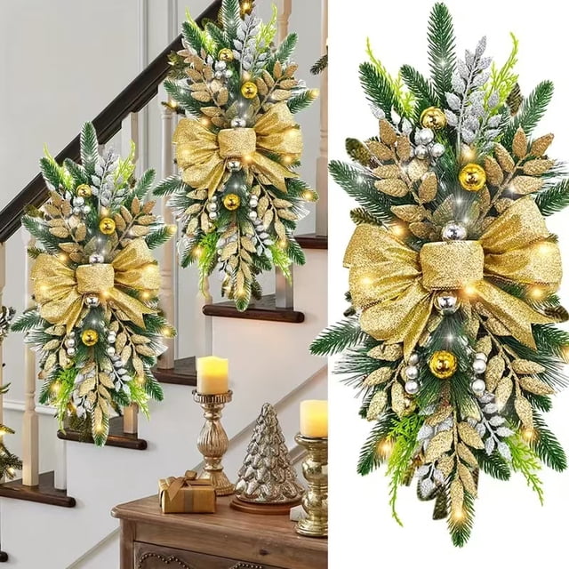 TitaFish Christmas Swags & Garlands with Lights, Cordless Prelit Stair ...
