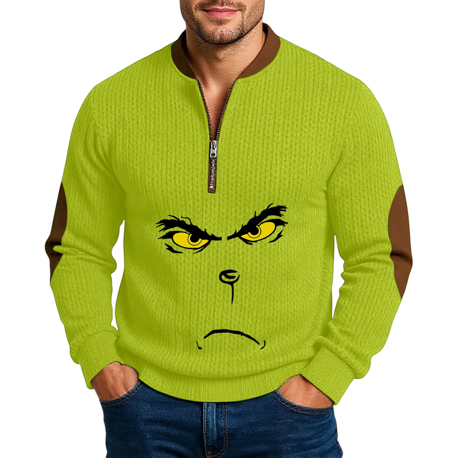 Christmas Sweater Funny Men Mock Neck Quarter Zip up Pullover #J-Green ...