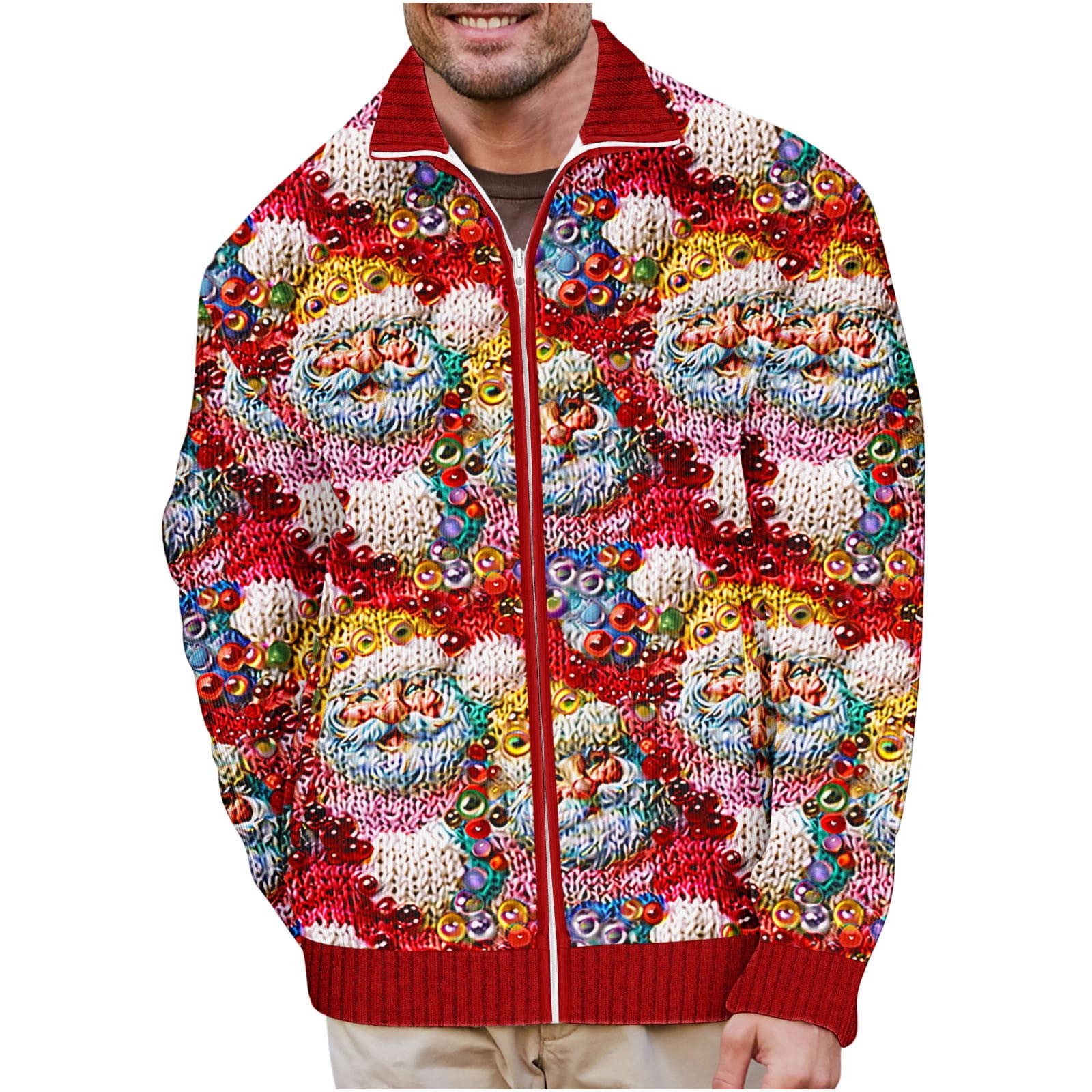 Christmas Sweater Jacket Men Zip Up Santa Knitted Cardigan Sweaters ...