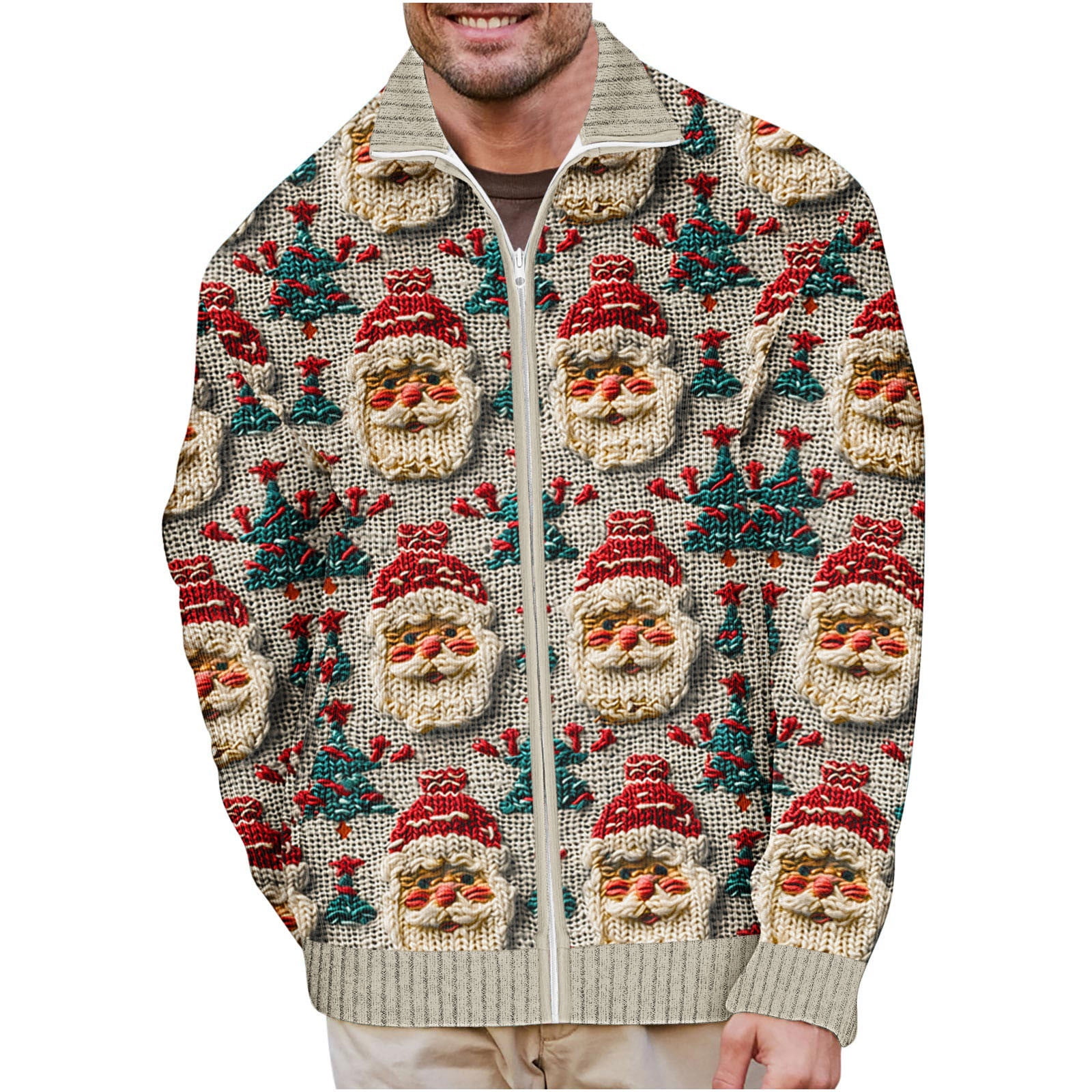 Christmas Sweater Jacket Men Zip Up Santa Knitted Cardigan Sweaters ...